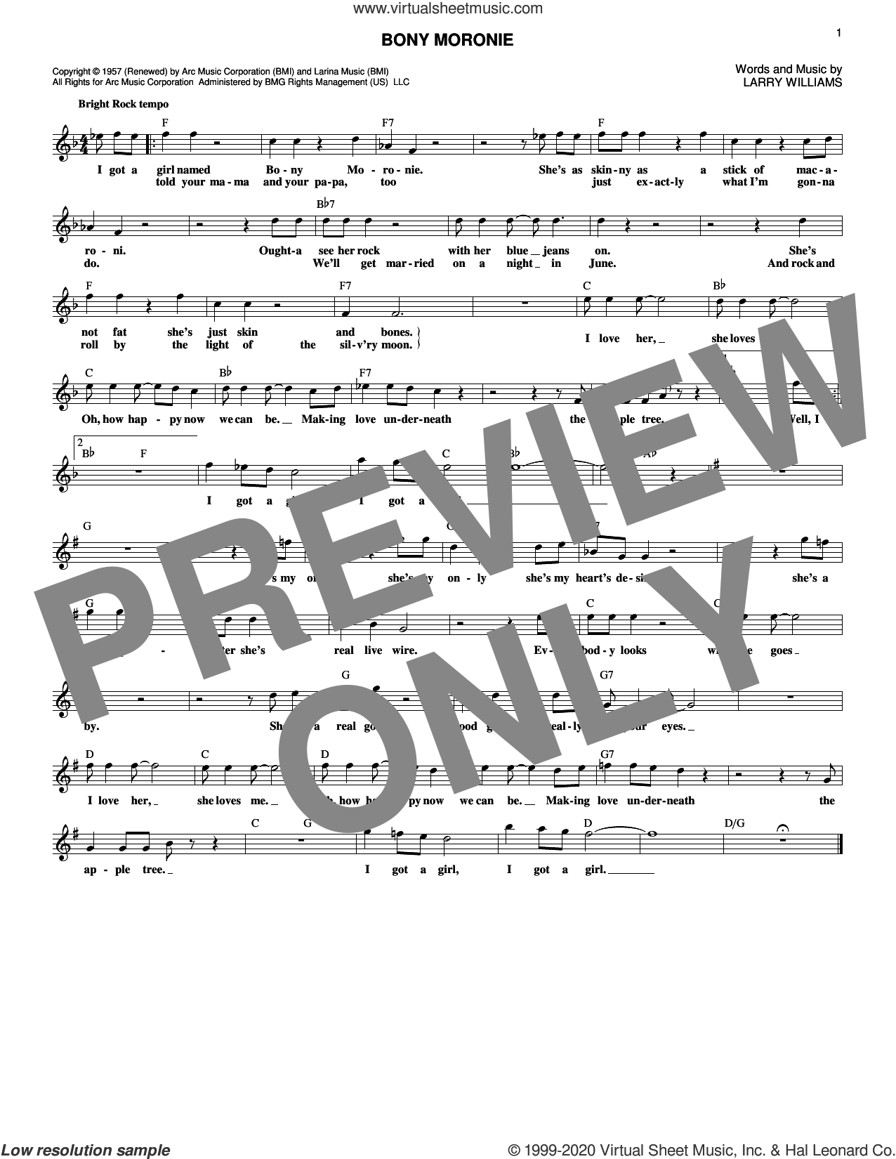 Bony Moronie sheet music (fake book) (PDF-interactive)