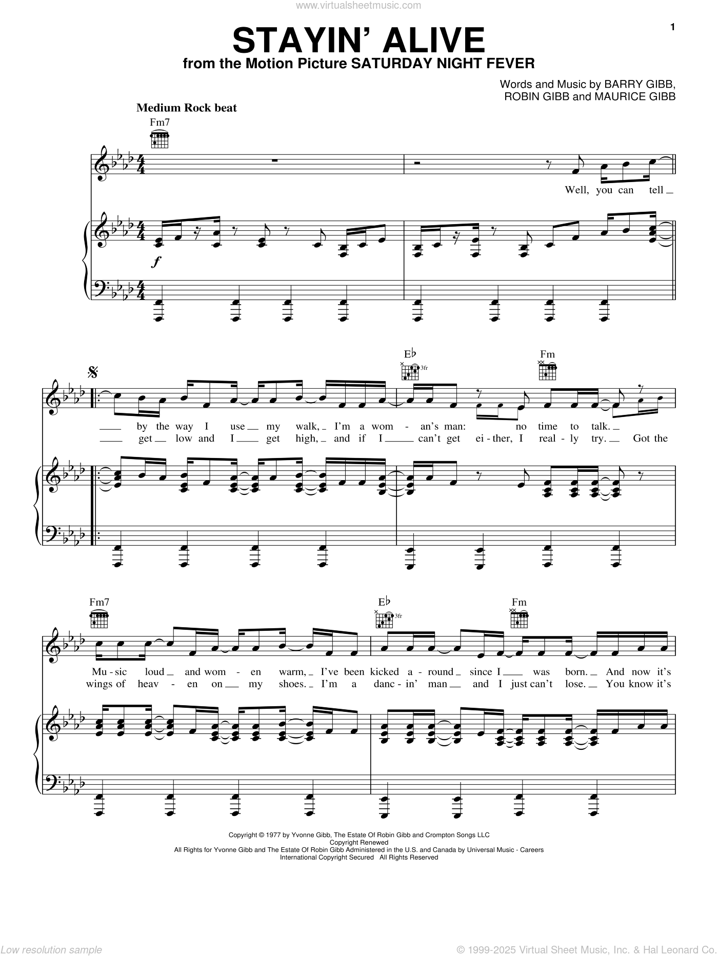 Stayin' Alive sheet music for voice, piano or guitar (PDF)