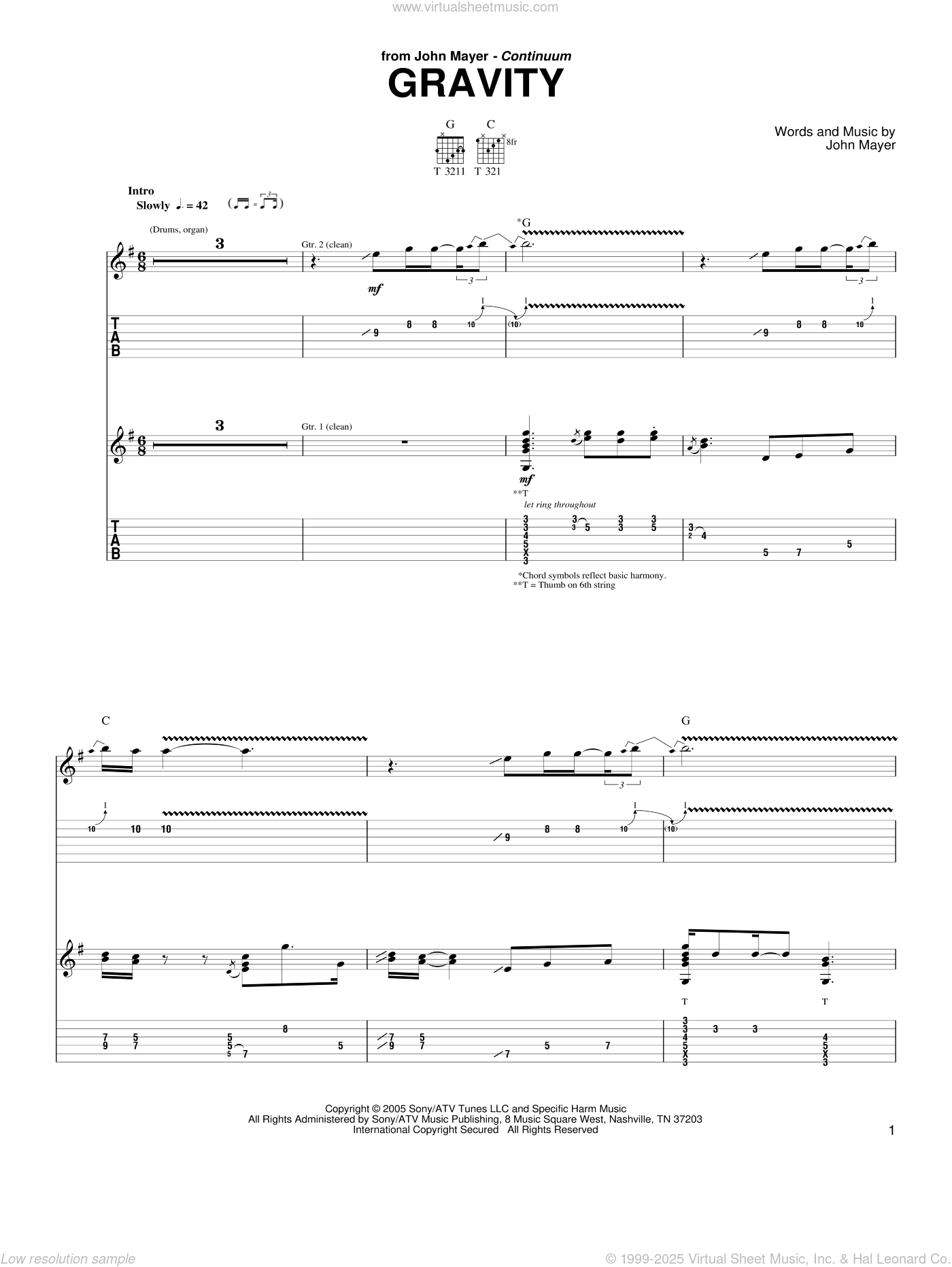 Gravity sheet music for guitar (tablature) (PDF)