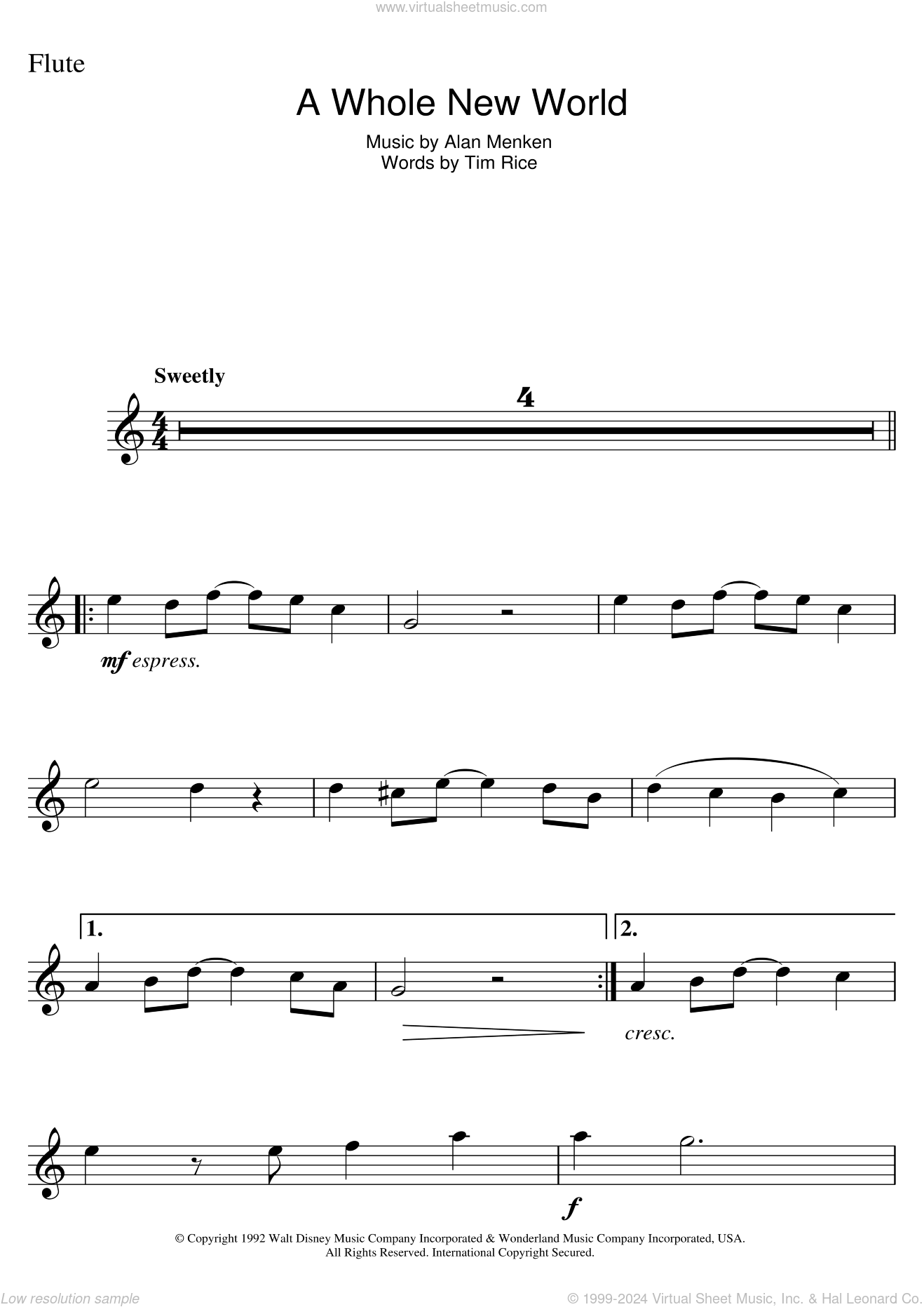 A Whole New World (from Aladdin) sheet music for flute solo (PDF)