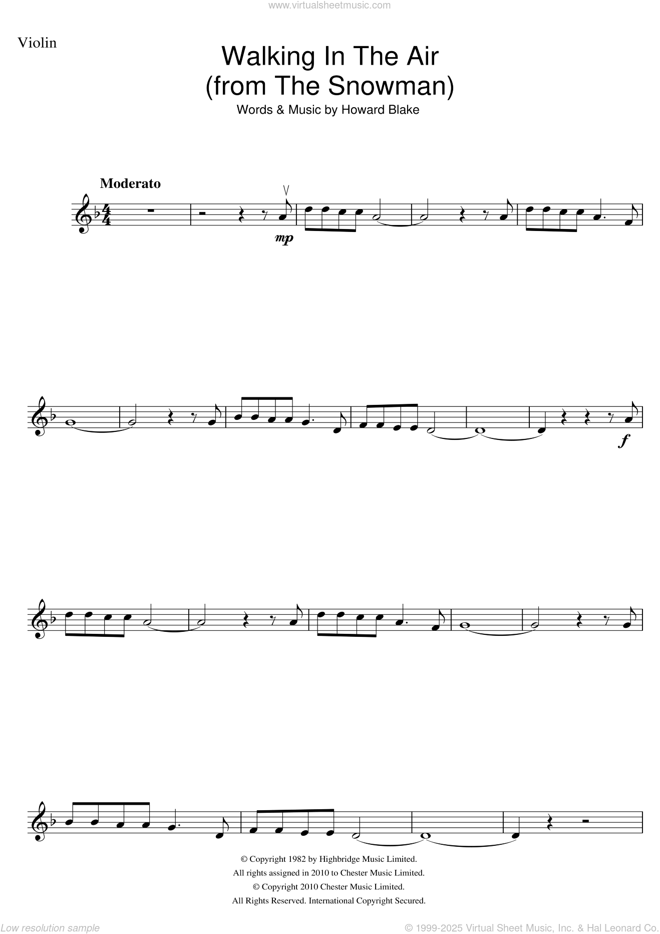 Walking In The Air (theme from The Snowman) sheet music for violin solo
