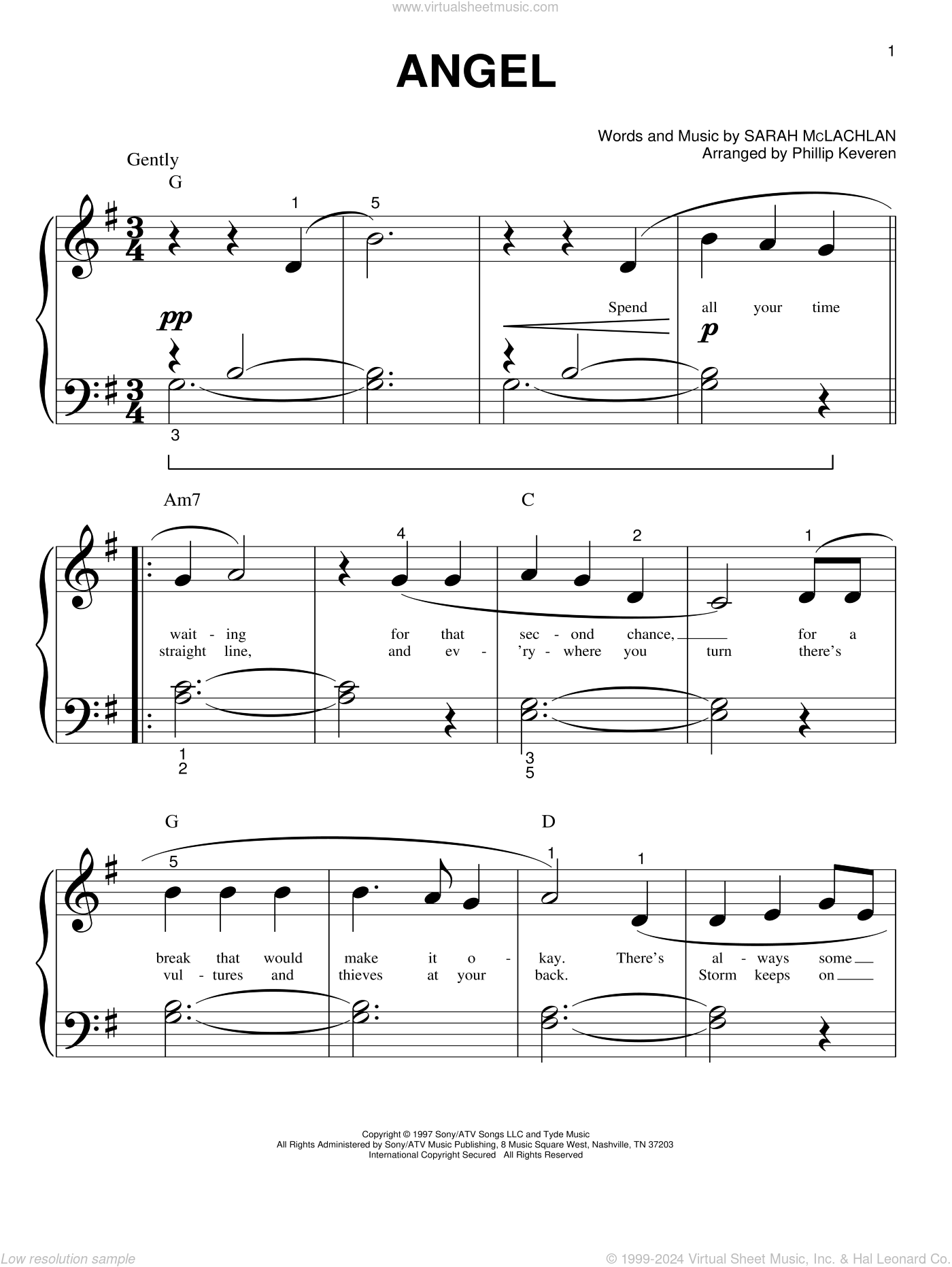 Angel (arr. Phillip Keveren) sheet music for piano solo (big note book)