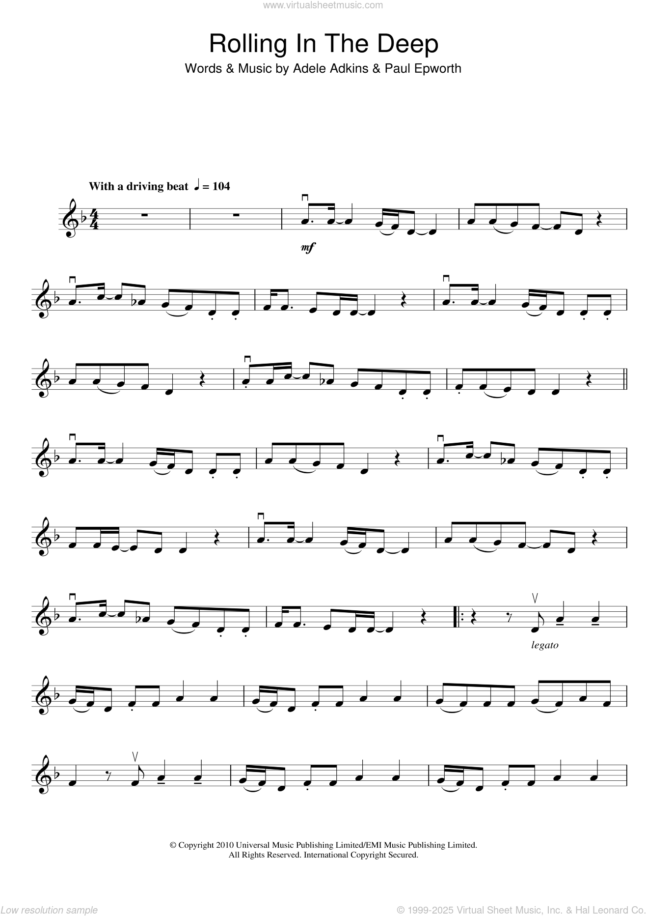 Rolling In The Deep sheet music for violin solo (PDF) v2
