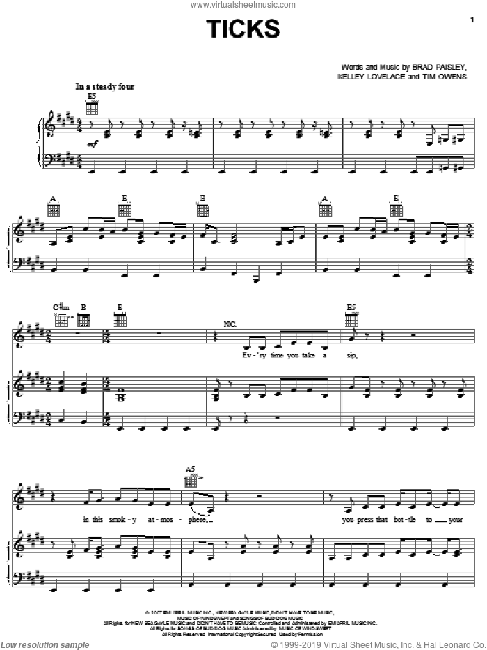 Ticks sheet music for voice, piano or guitar (PDF-interactive)