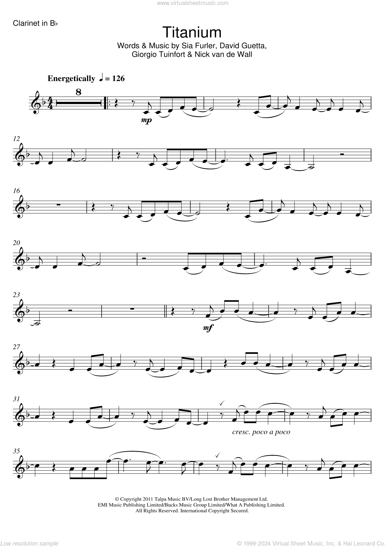Titanium (featuring Sia) sheet music for clarinet solo (PDF)