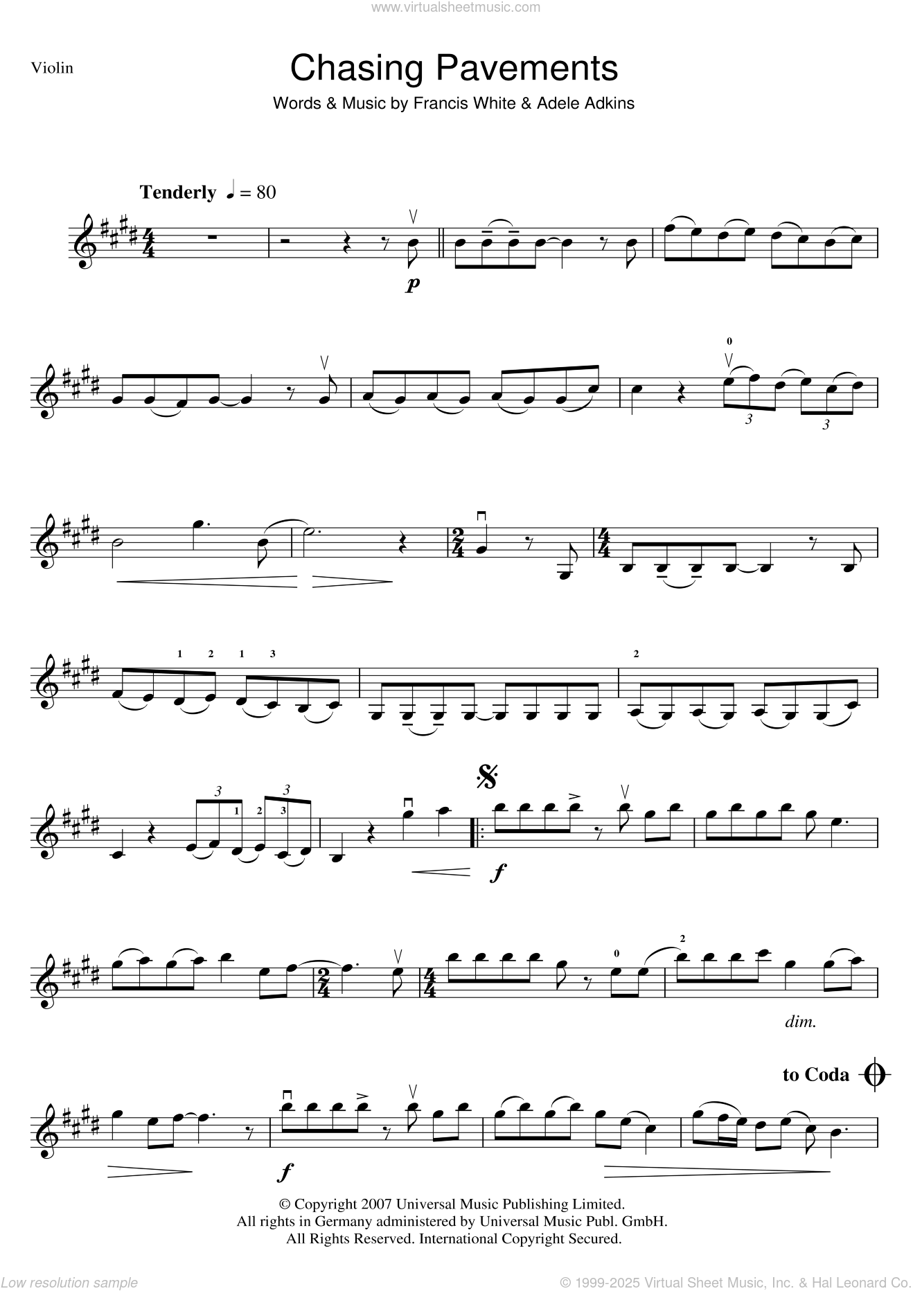 Chasing Pavements sheet music for violin solo (PDF-interactive)