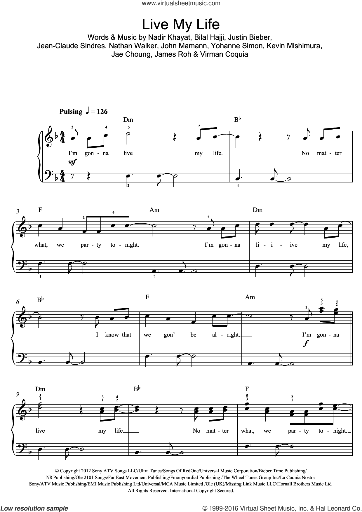 Live My Life sheet music for piano solo (beginners) (PDF)