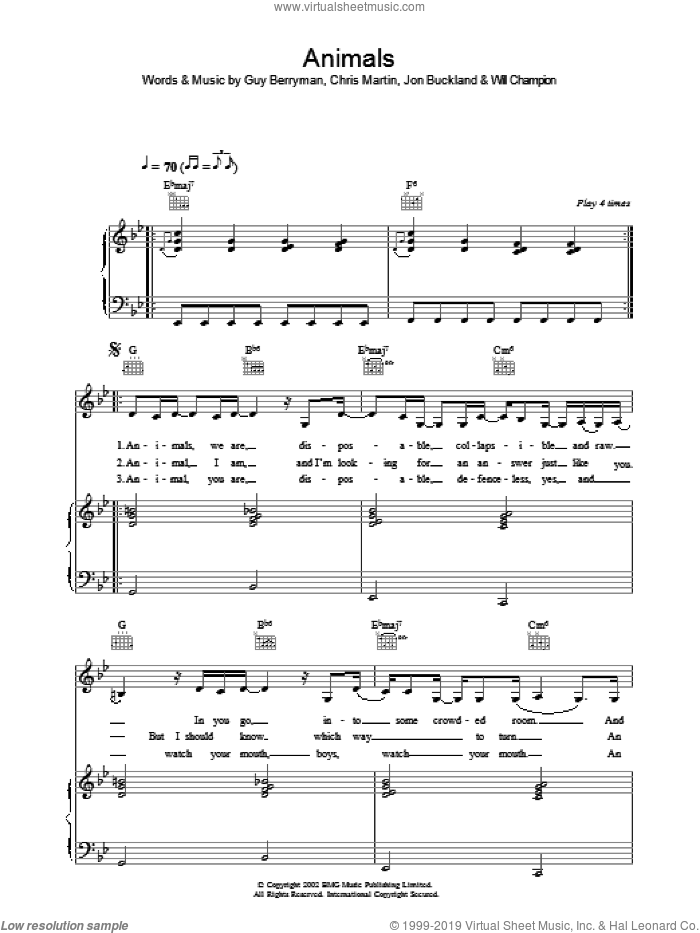 Coldplay: Animals sheet music for voice, piano or guitar (PDF)