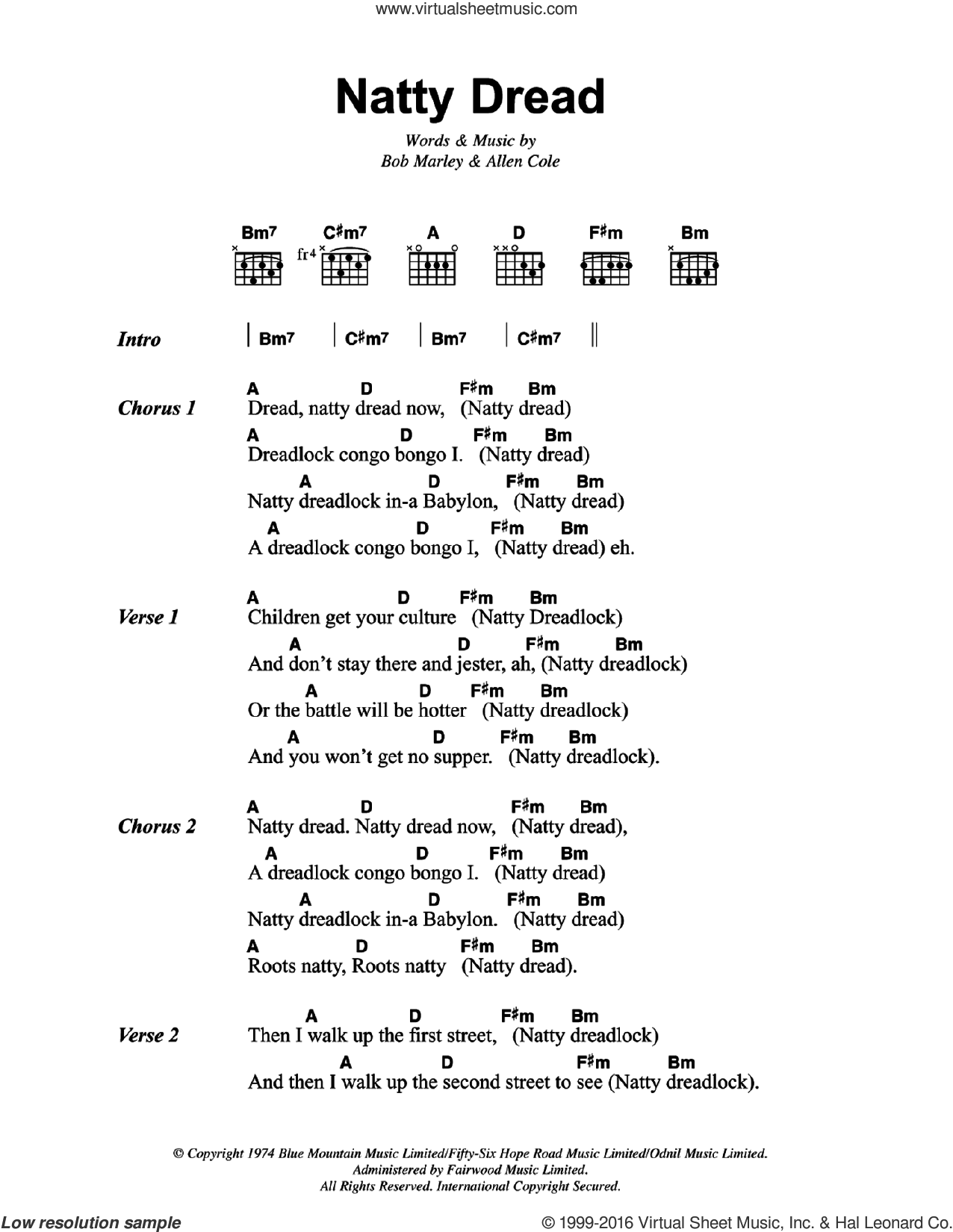 Natty Dread sheet music for guitar (chords) (PDF)