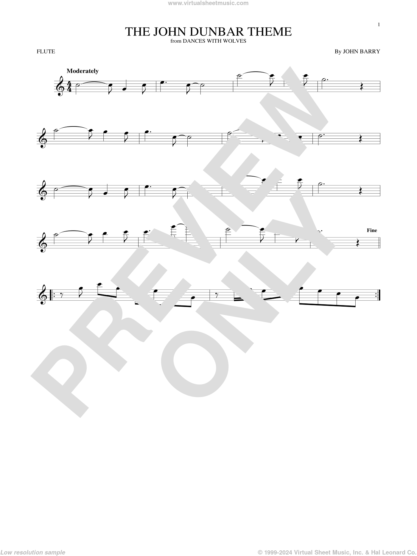 The John Dunbar Theme sheet music for flute solo (PDF)