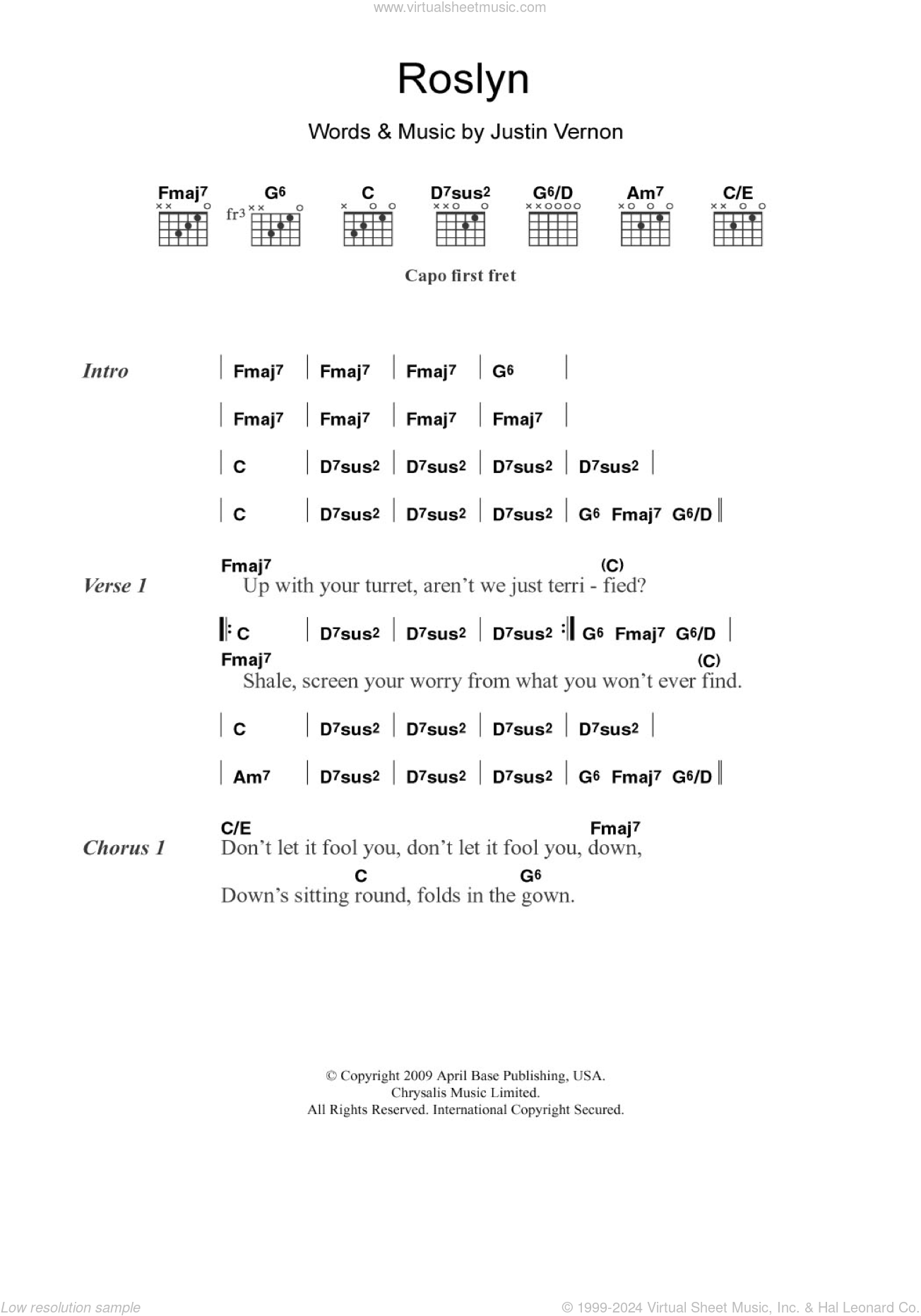 Bon Iver: Roslyn sheet music for guitar (chords) (PDF)