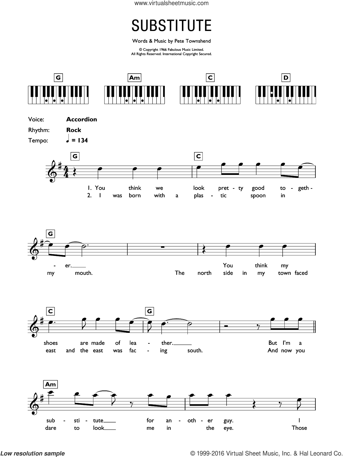 Substitute sheet music for piano solo (chords, lyrics, melody)