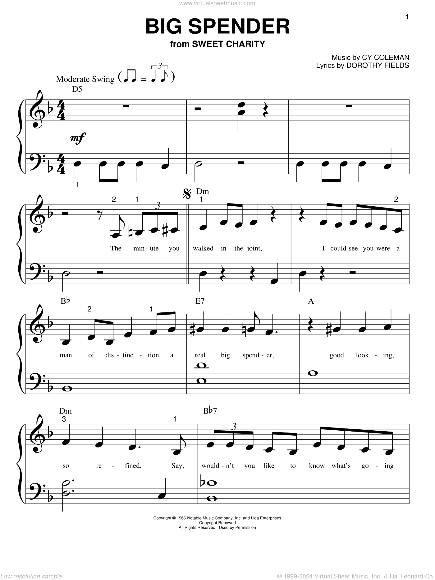 Big Spender sheet music for piano solo (big note book) (PDF)