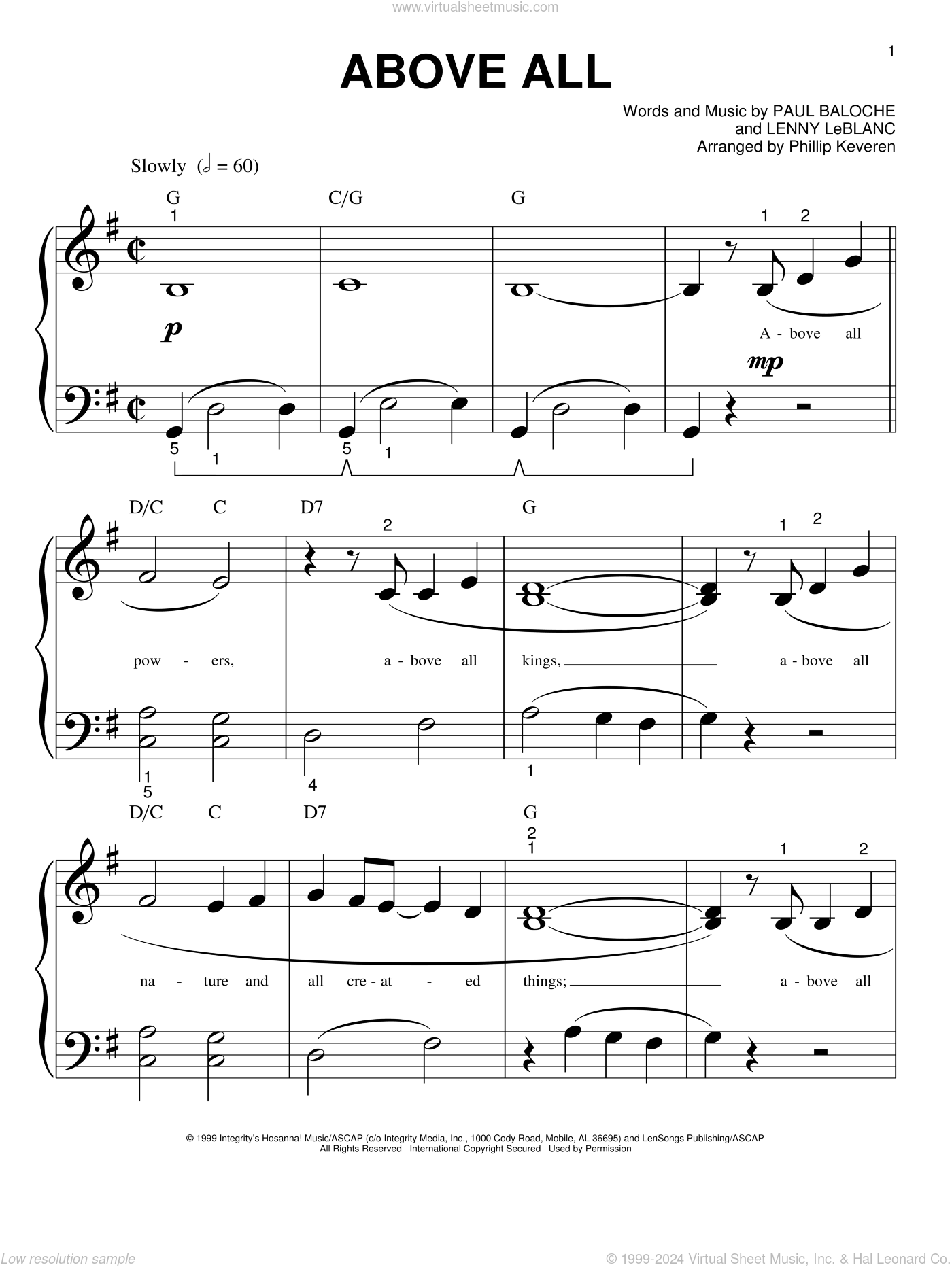 Above All (arr. Phillip Keveren) sheet music for piano solo (big note book)