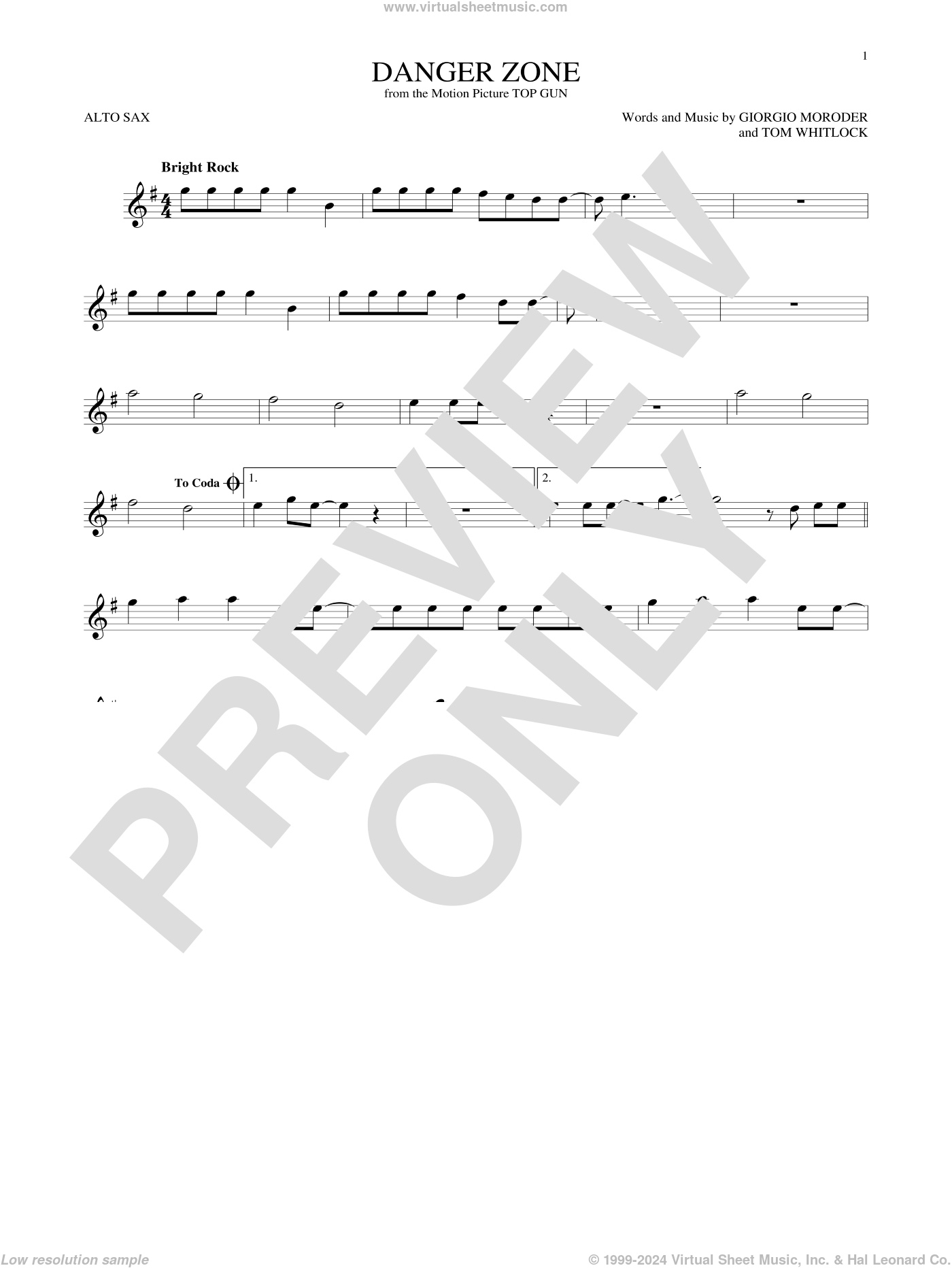 Danger Zone sheet music for alto saxophone solo (PDF-interactive)