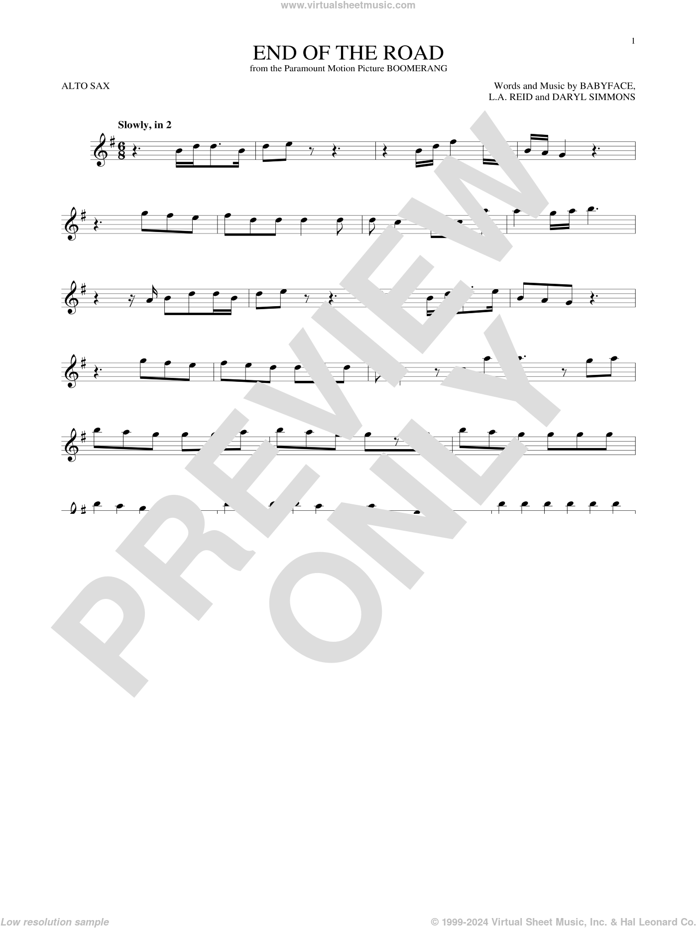 End Of The Road sheet music for alto saxophone solo (PDF)