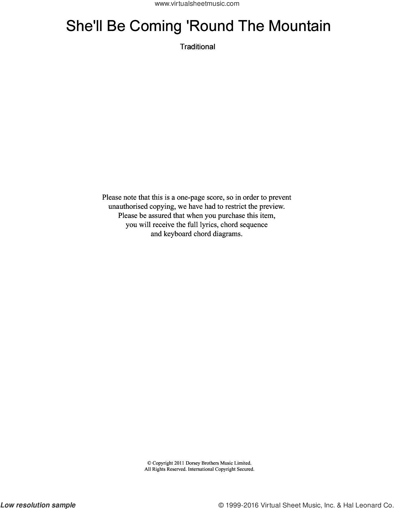 She'll Be Coming 'Round The Mountain sheet music for piano solo (chords ...