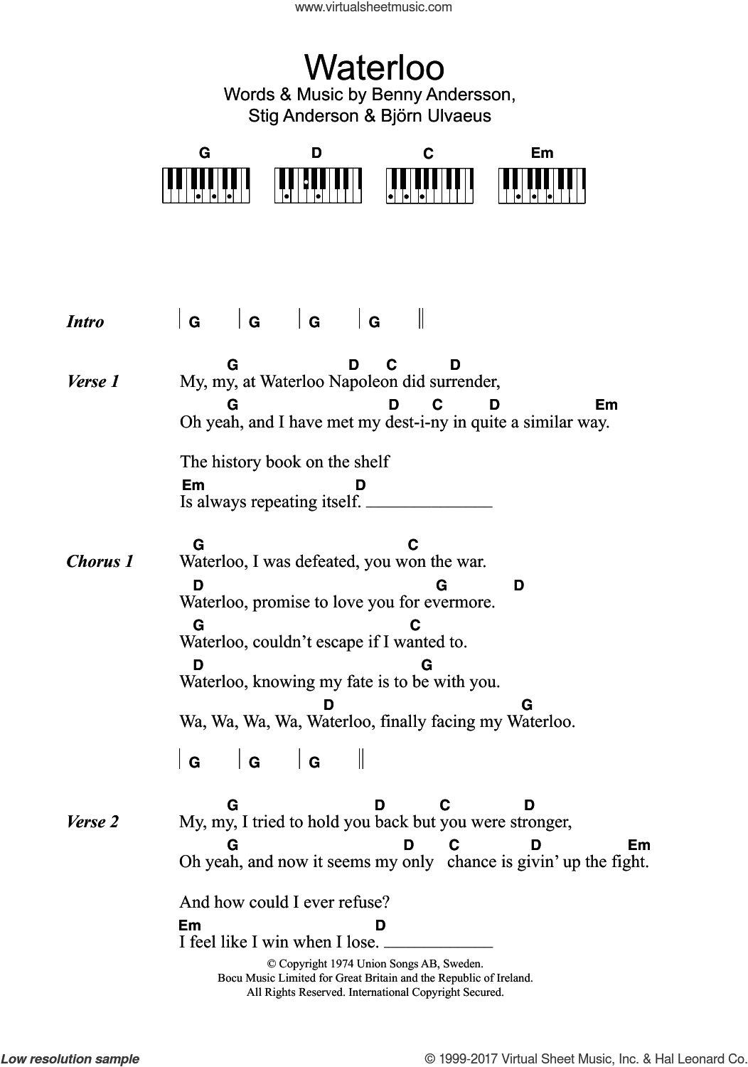 ABBA - Waterloo sheet music (intermediate) for piano solo (chords ...