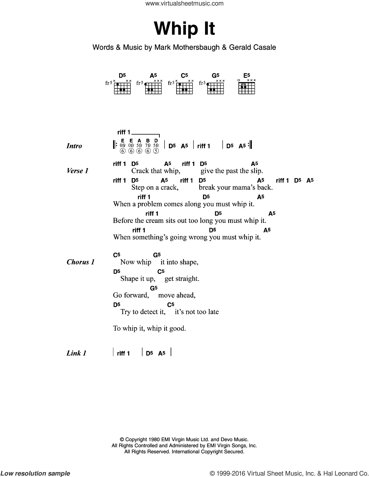 Whip It sheet music for guitar (chords) (PDF) v2