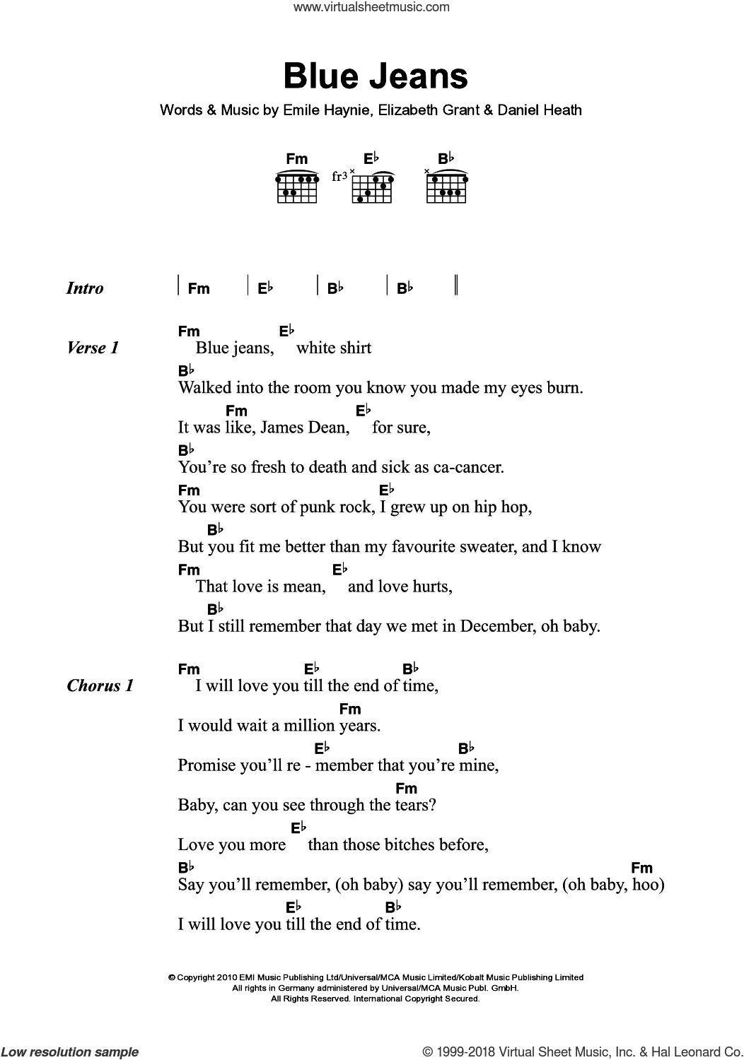 Lana Del Rey: Blue Jeans sheet music for guitar (chords) (PDF)