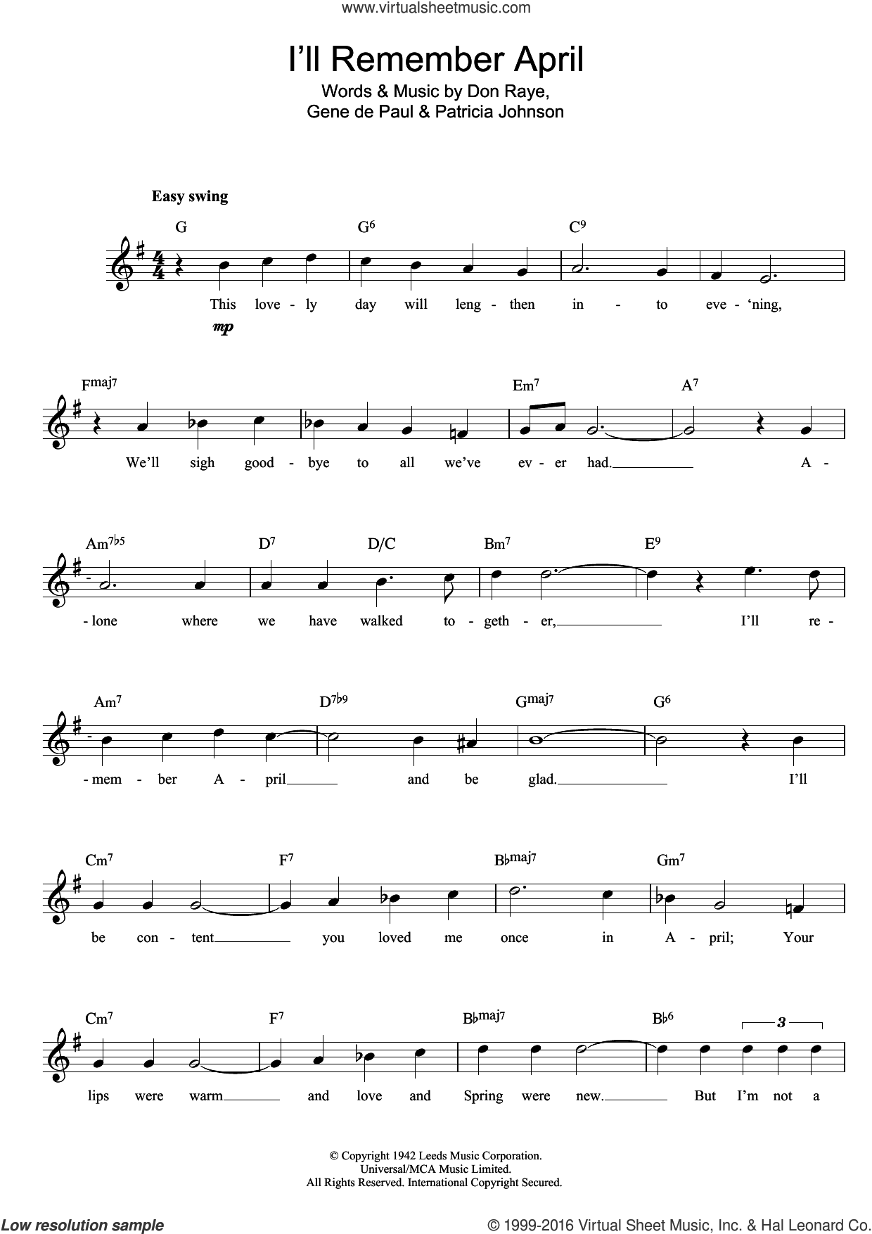 I'll Remember April sheet music (fake book) (PDF)