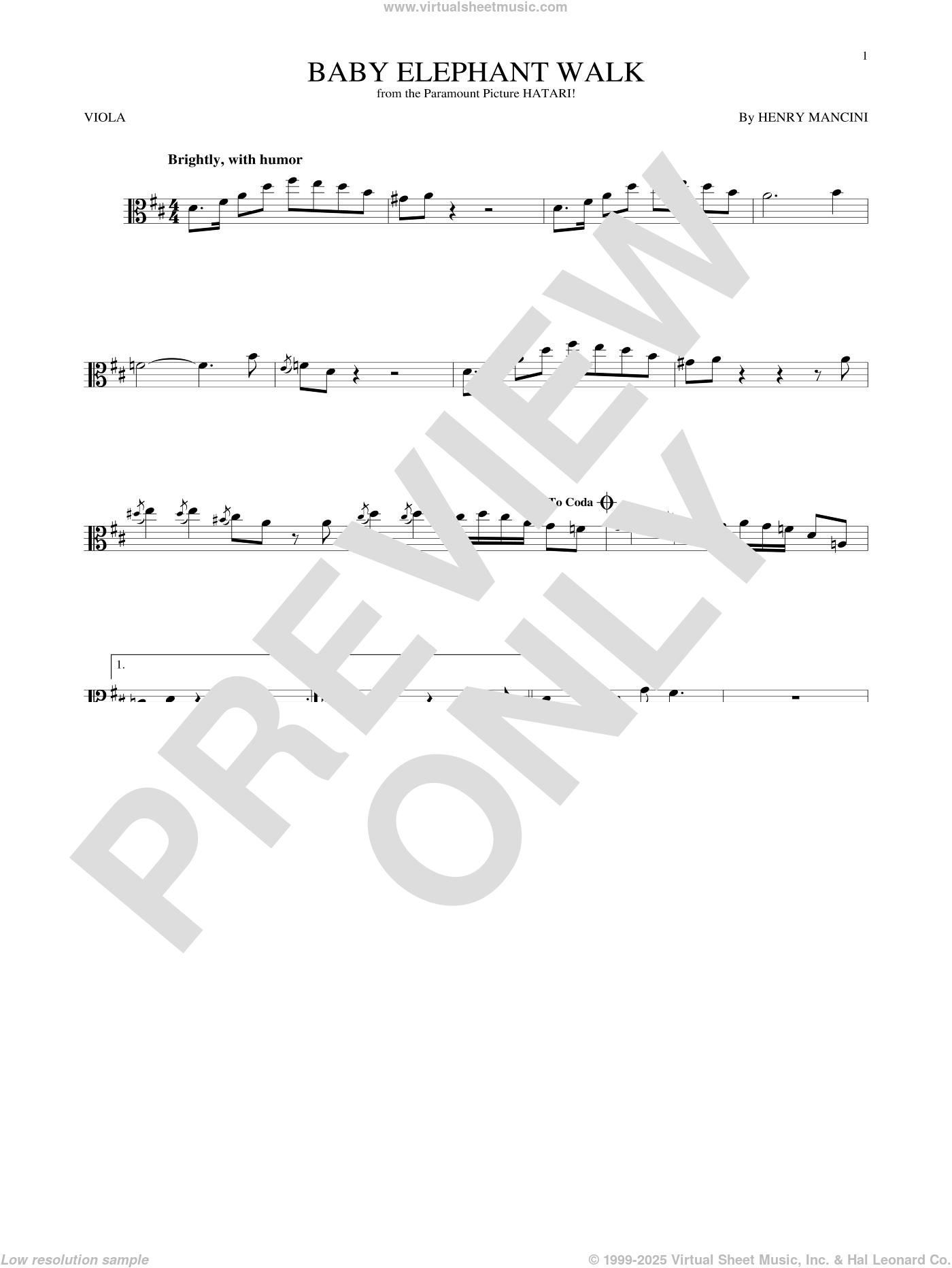 Baby Elephant Walk sheet music for viola solo (PDF-interactive)
