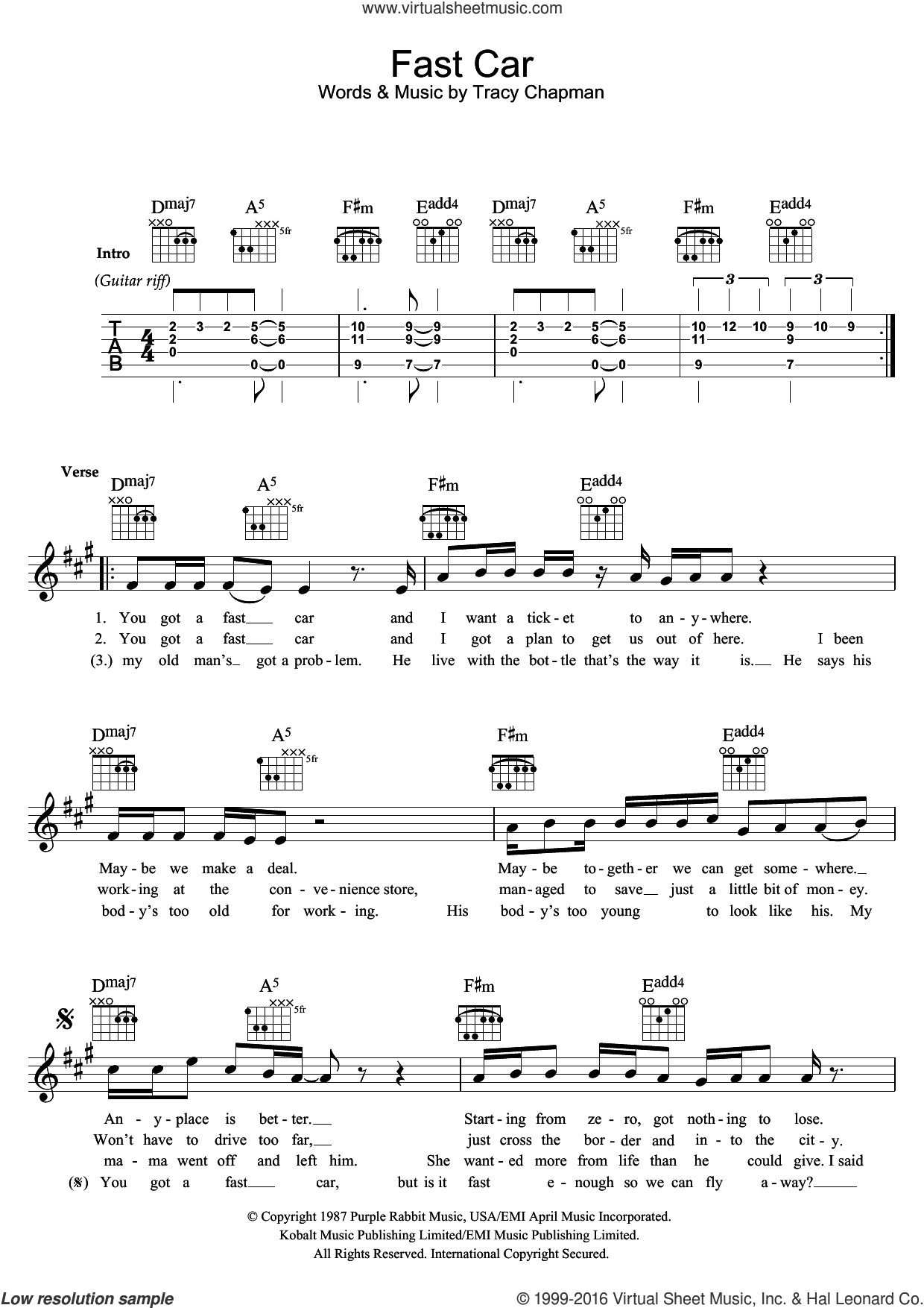 Fast Car sheet music for voice and other instruments (fake book)