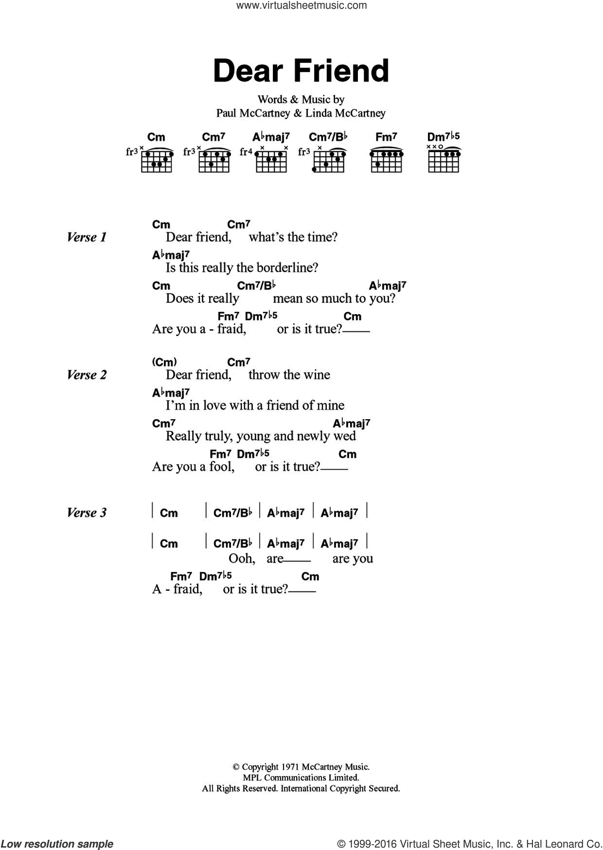 Dear Friend sheet music for guitar (chords) (PDF)