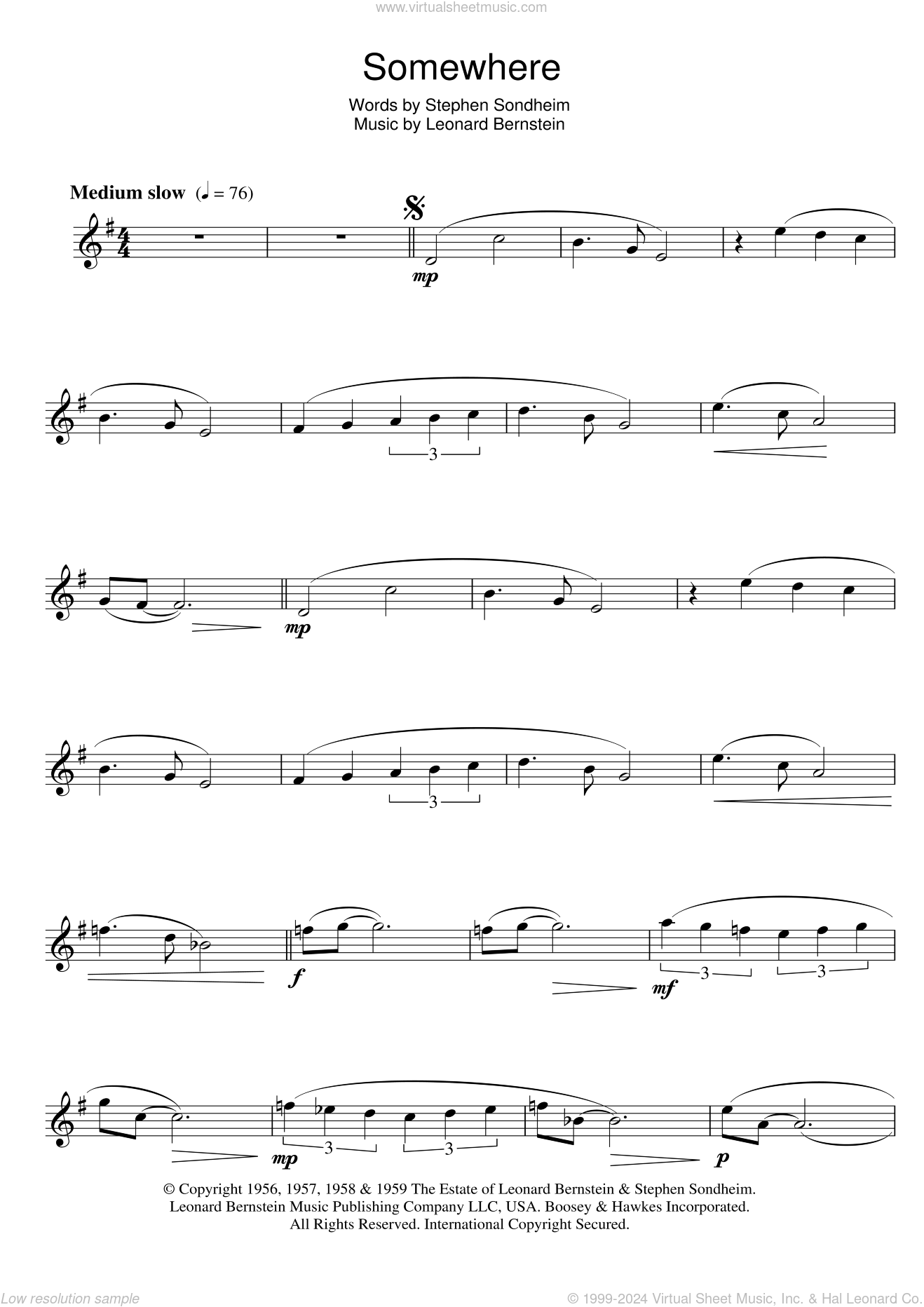 Leonard Bernstein: Somewhere (from West Side Story) sheet music for flute solo