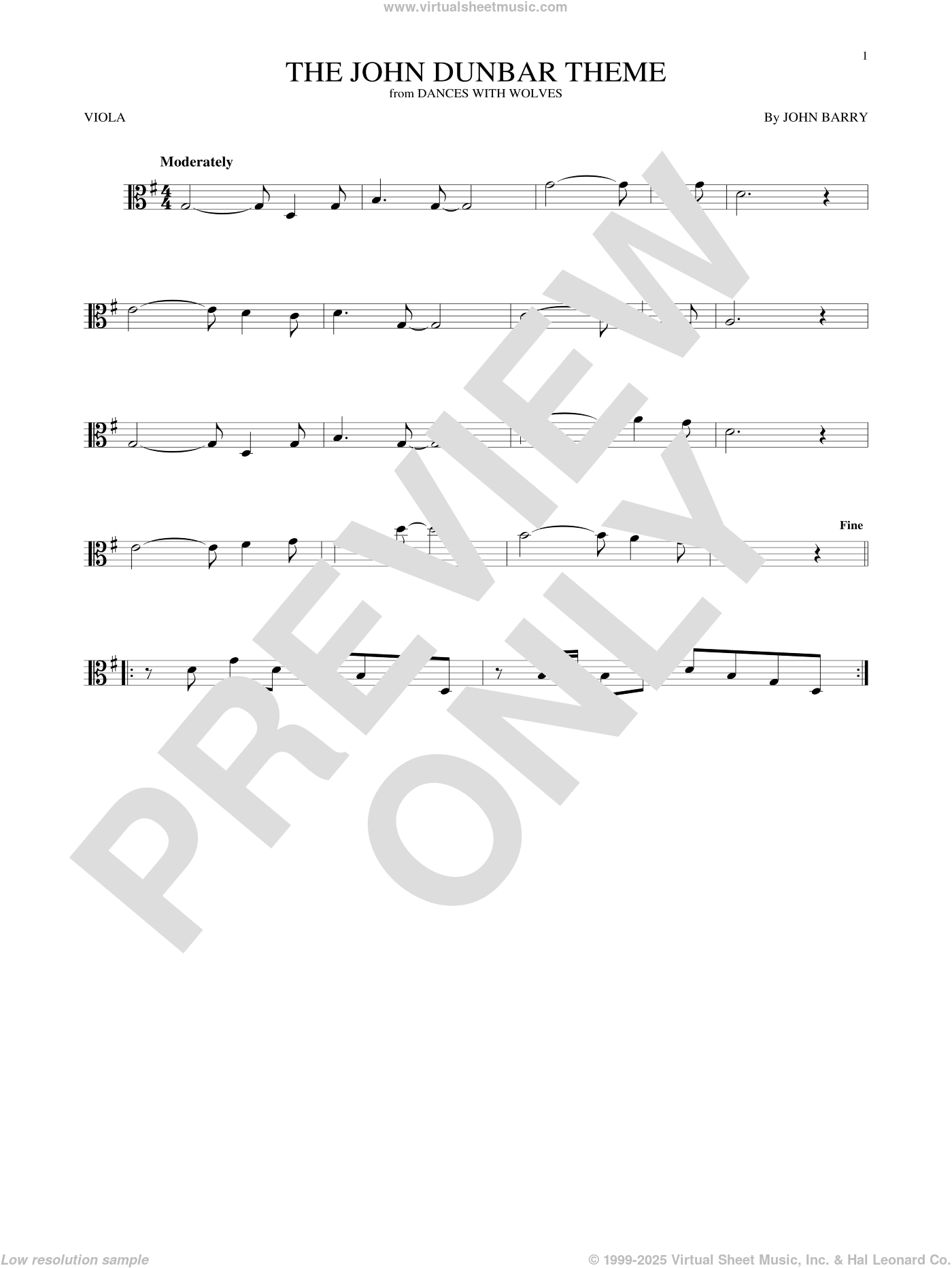 The John Dunbar Theme sheet music for viola solo (PDF)