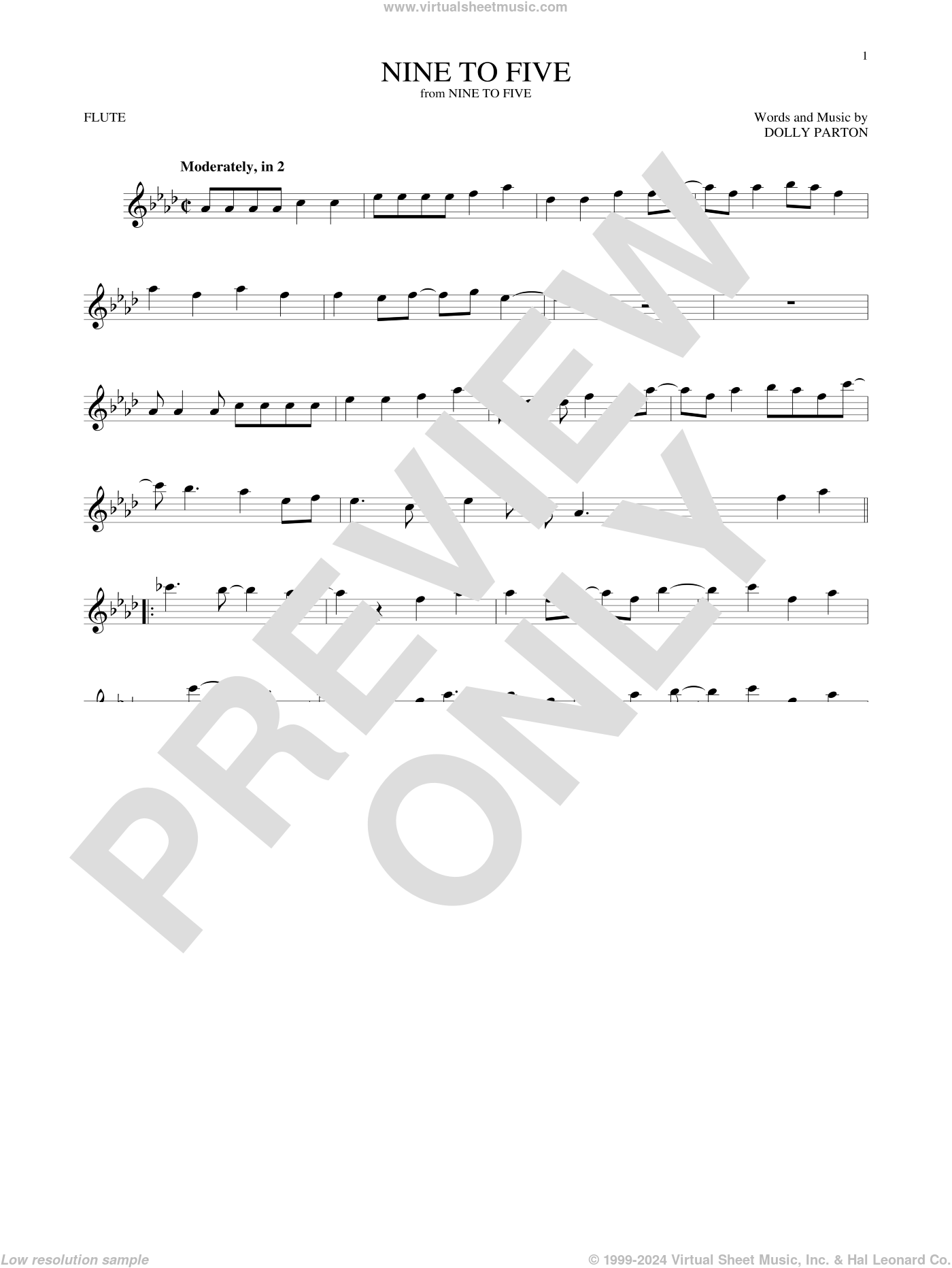 Nine To Five sheet music for flute solo (PDF-interactive)
