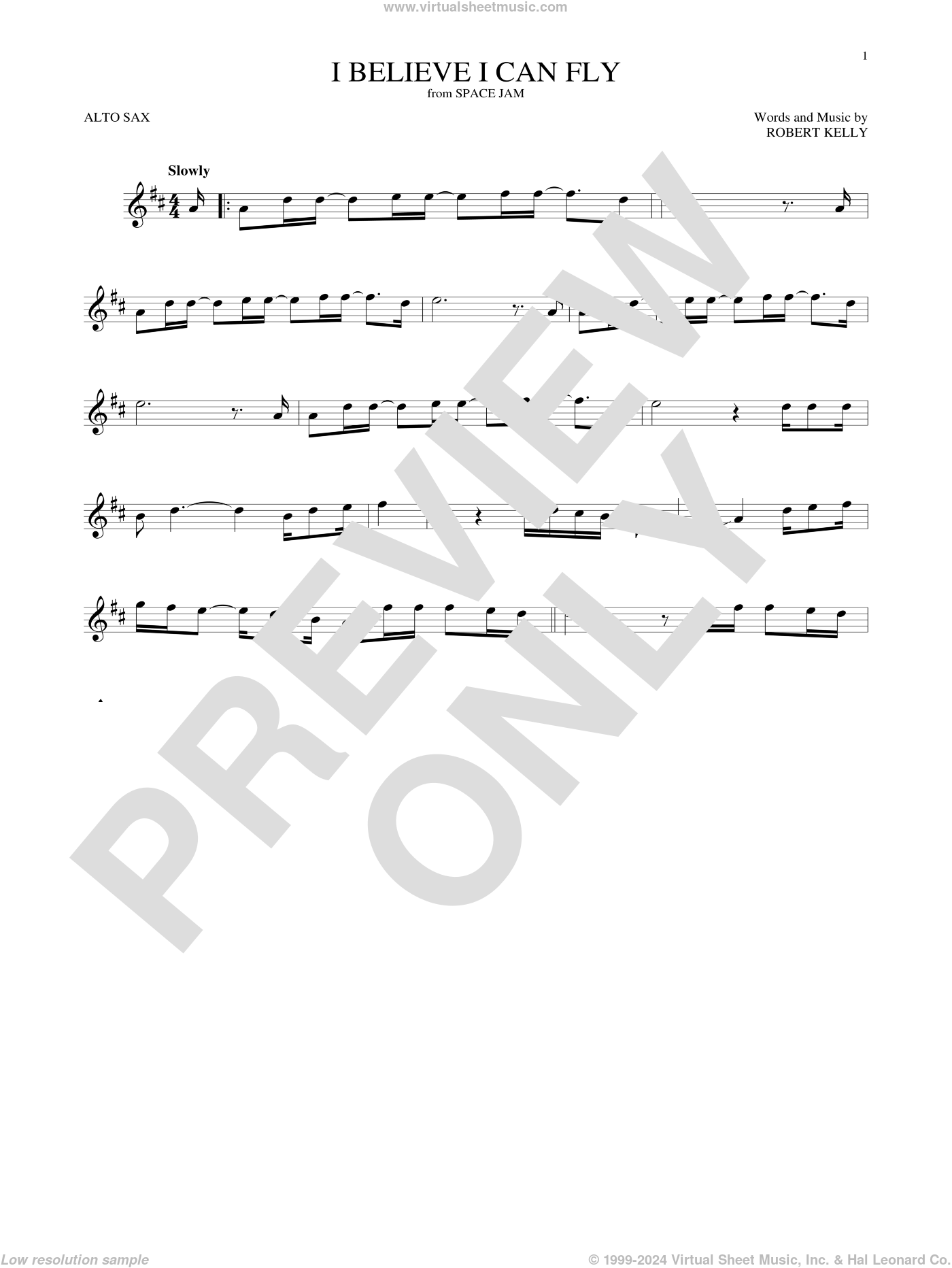 I Believe I Can Fly sheet music for alto saxophone solo (PDF)