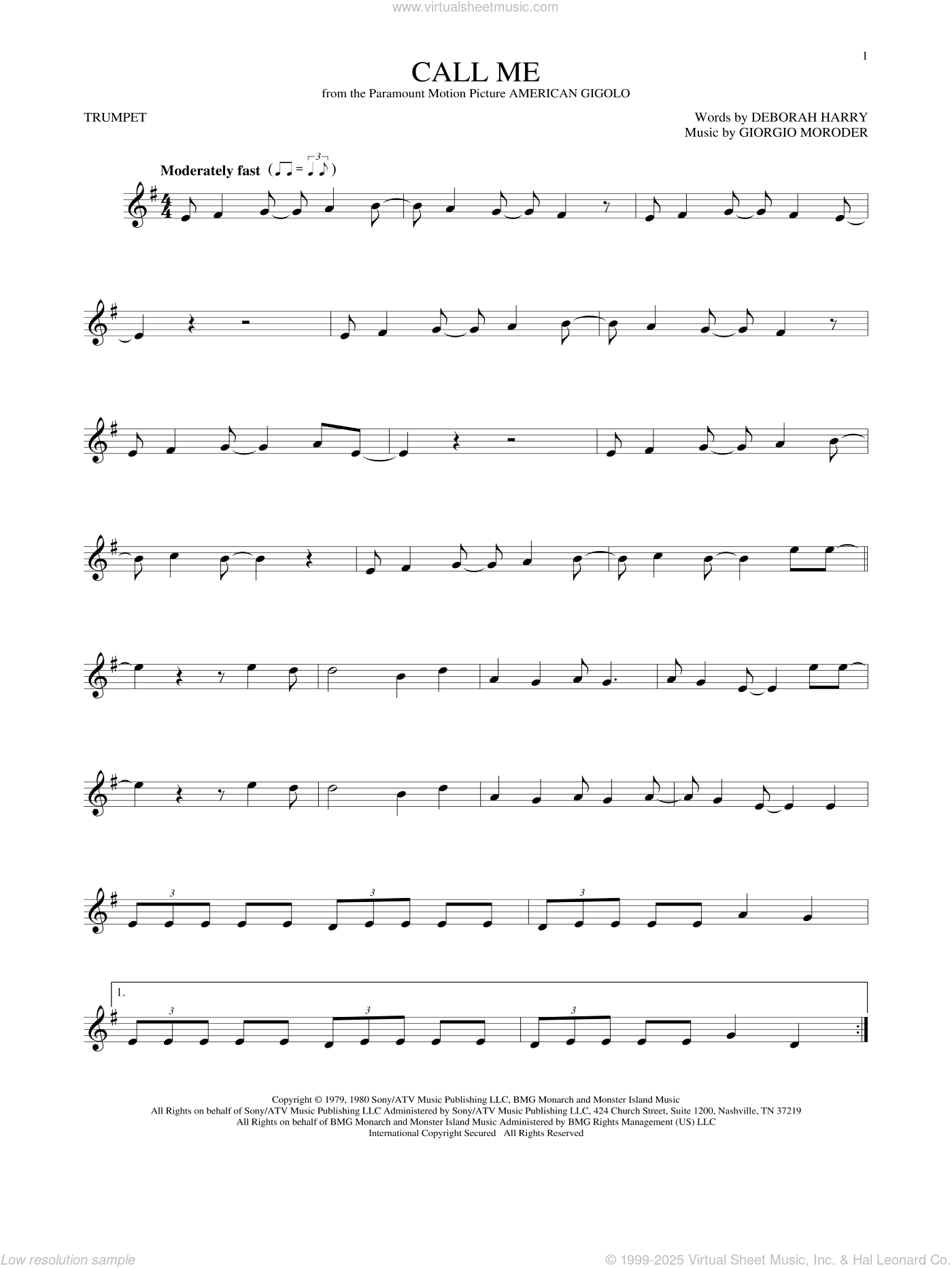 Call Me sheet music for trumpet solo (PDF-interactive)