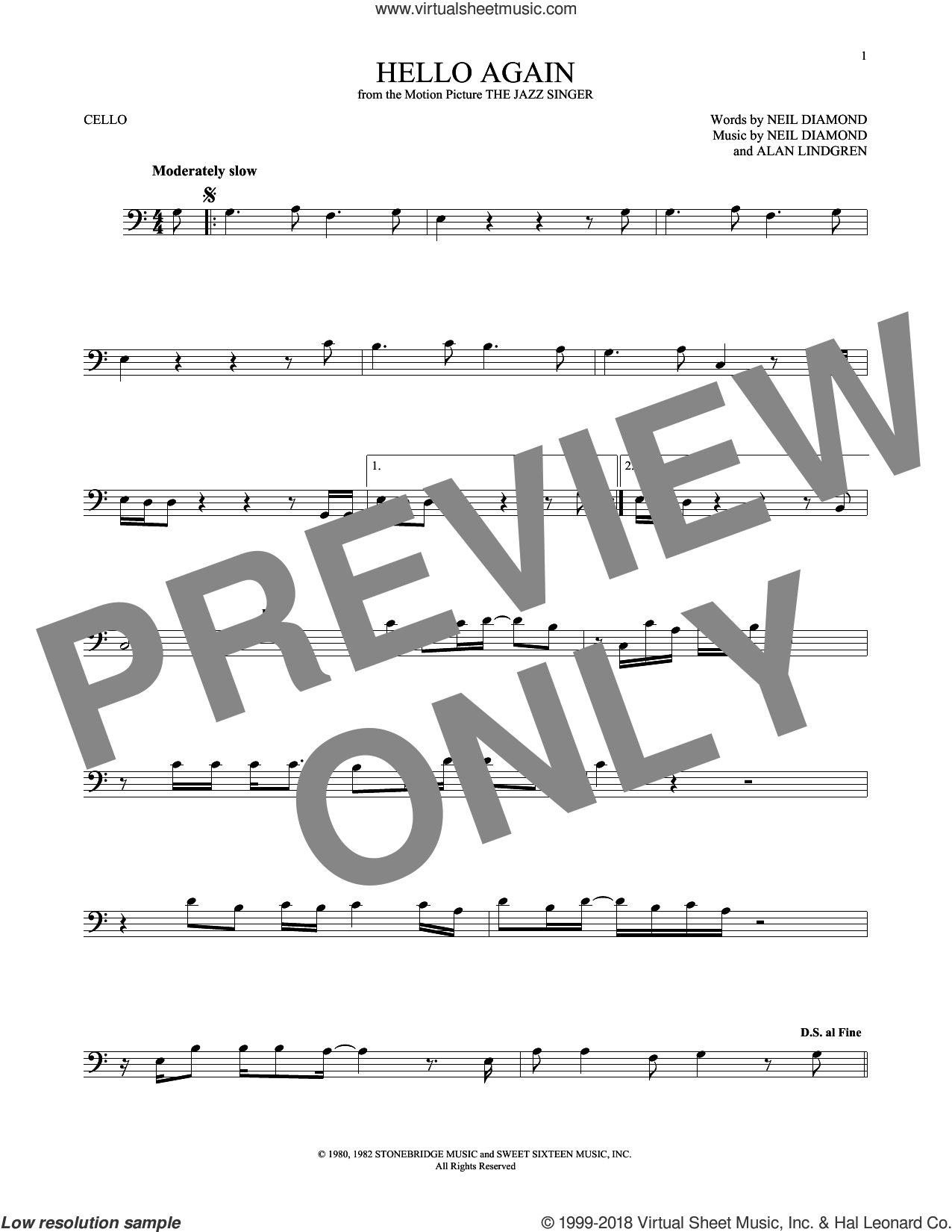 Hello Again sheet music for cello solo (PDF-interactive)