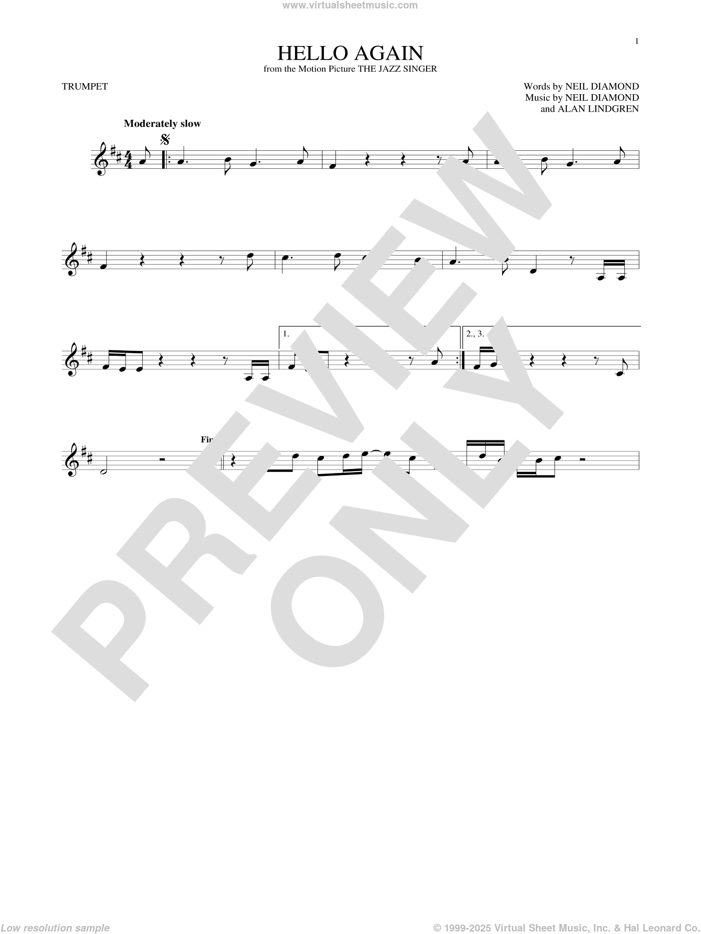 Hello Again sheet music for trumpet solo (PDF-interactive)