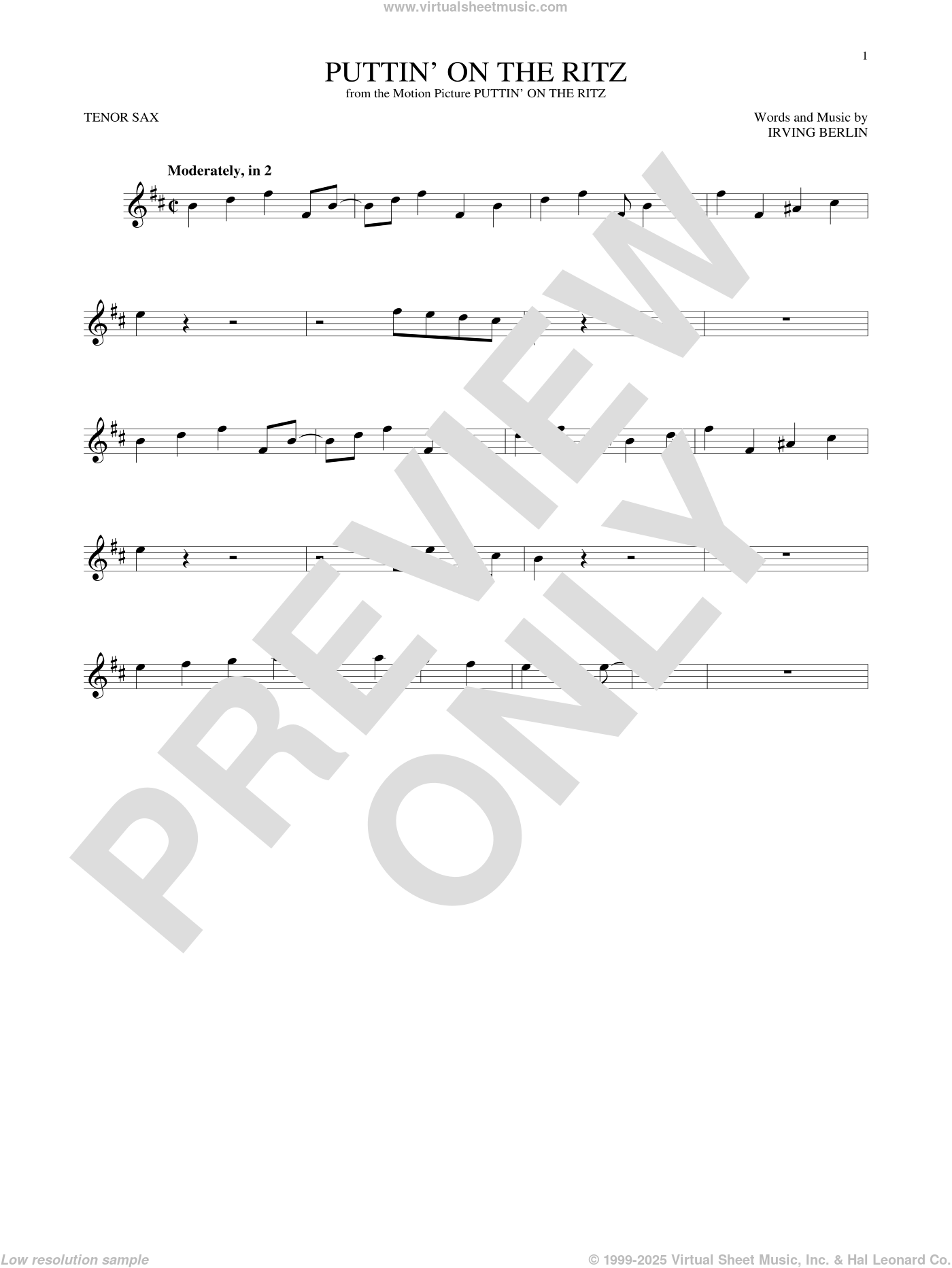 Puttin' On The Ritz sheet music for tenor saxophone solo (PDF)
