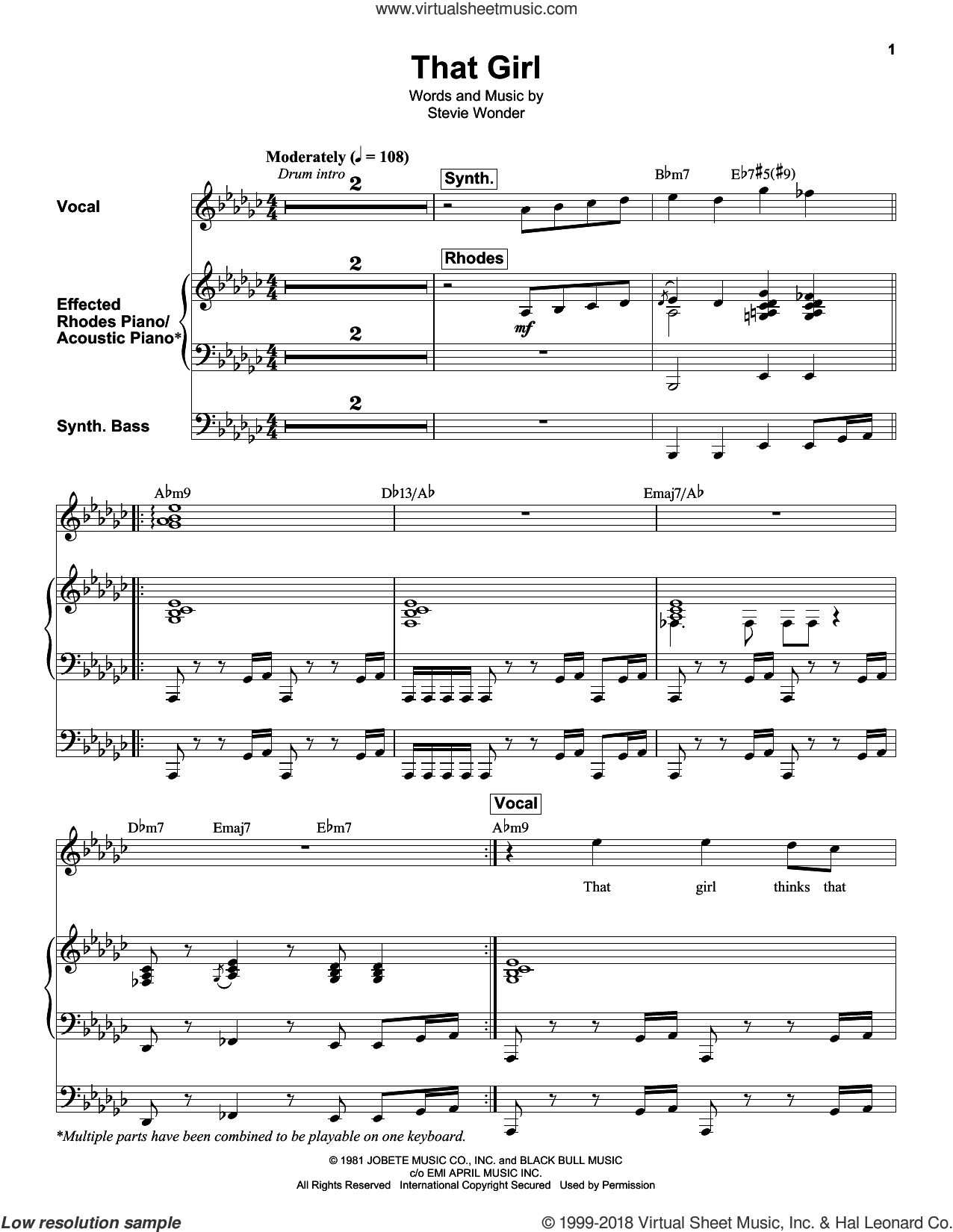 That Girl sheet music for keyboard or piano (PDF)