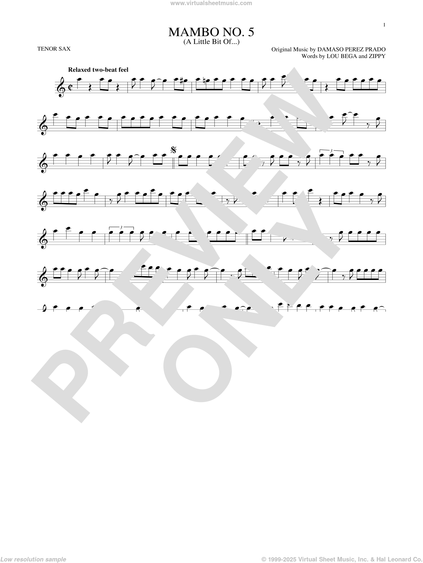 Mambo No. 5 (A Little Bit Of...) sheet music for tenor saxophone solo