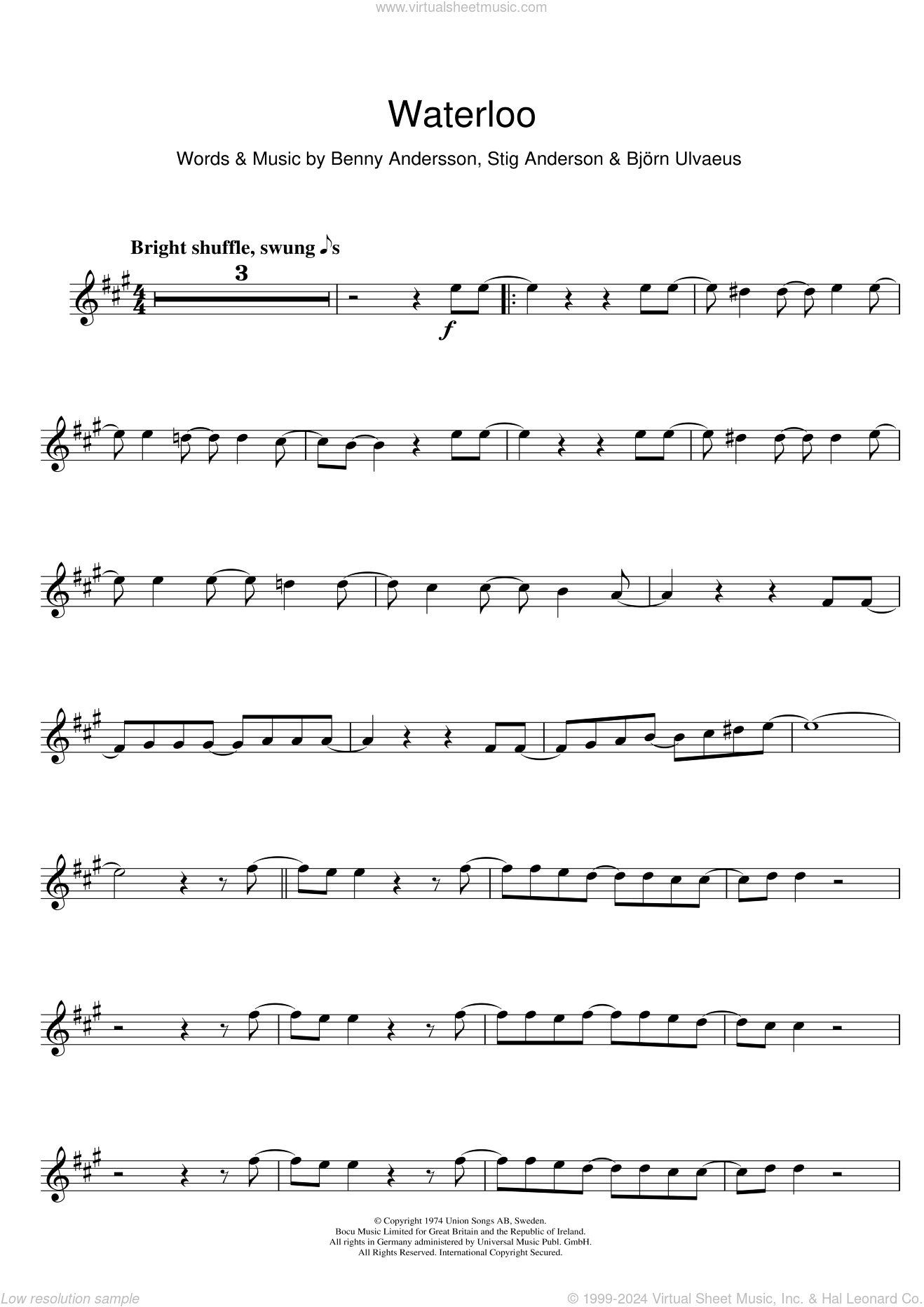 Waterloo sheet music for alto saxophone solo (PDF)