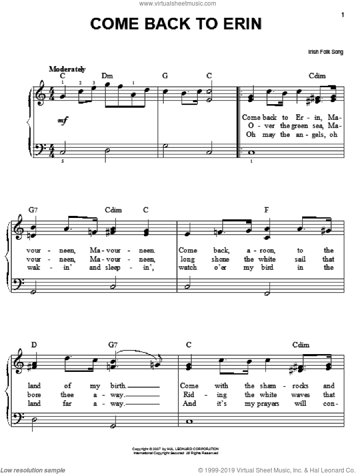 Come Back To Erin sheet music for piano solo (PDF-interactive)