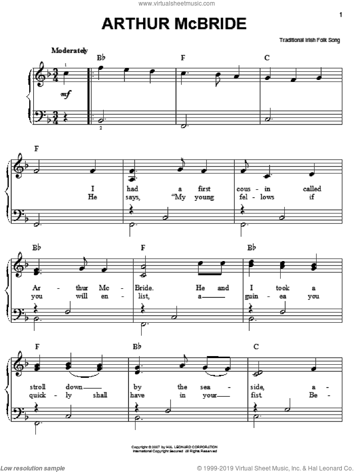 Arthur McBride sheet music for piano solo (PDF-interactive)