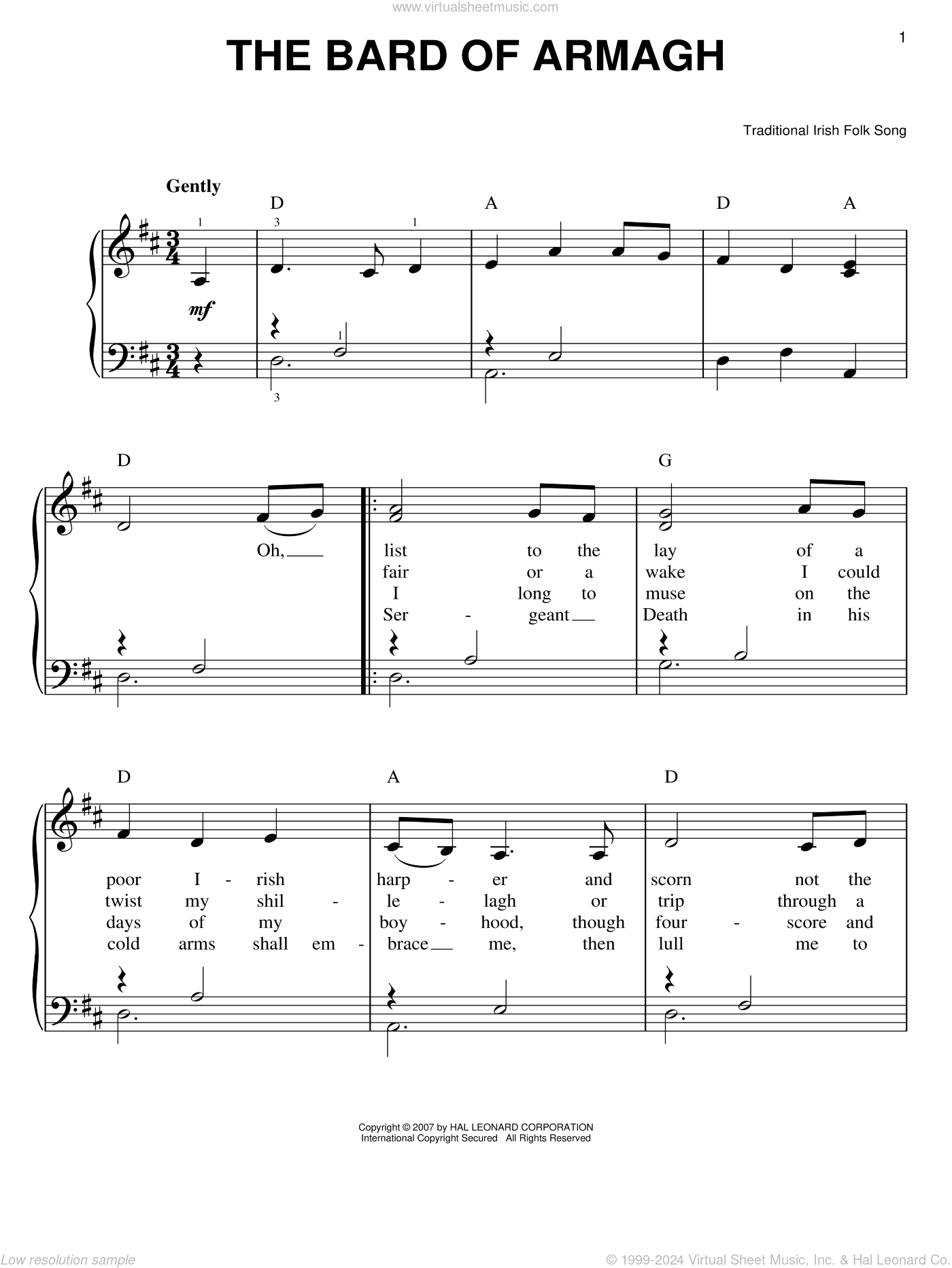 The Bard Of Armagh sheet music for piano solo (PDF-interactive)