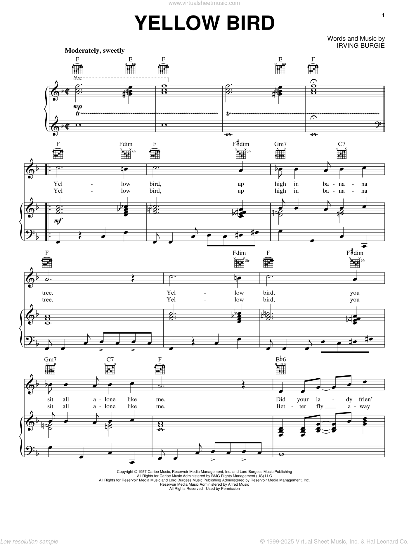 Yellow Bird sheet music for voice, piano or guitar (PDF)