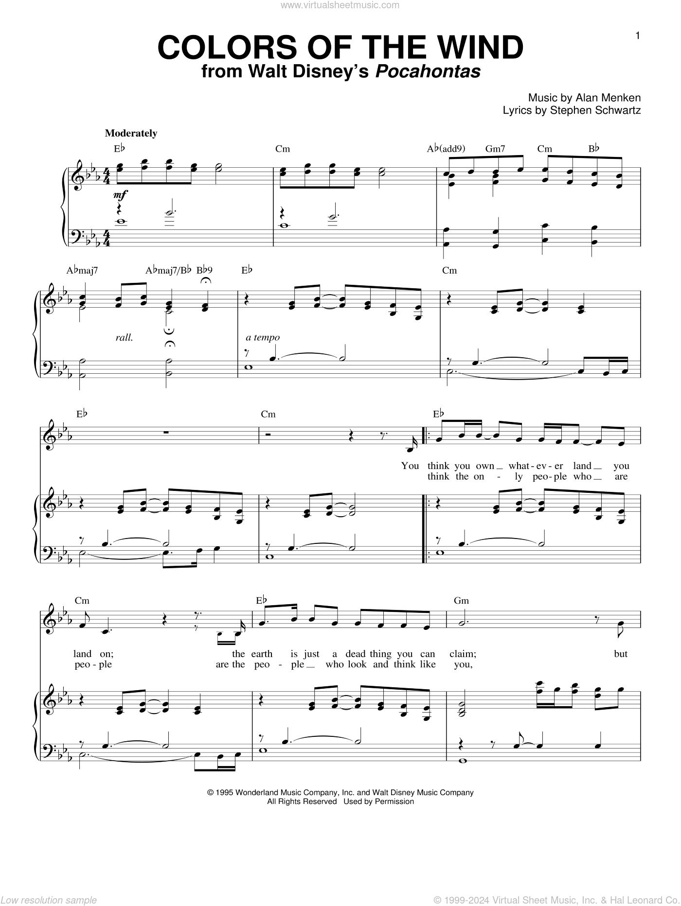 Vanessa Williams: Colors Of The Wind (from Pocahontas) sheet music for ...
