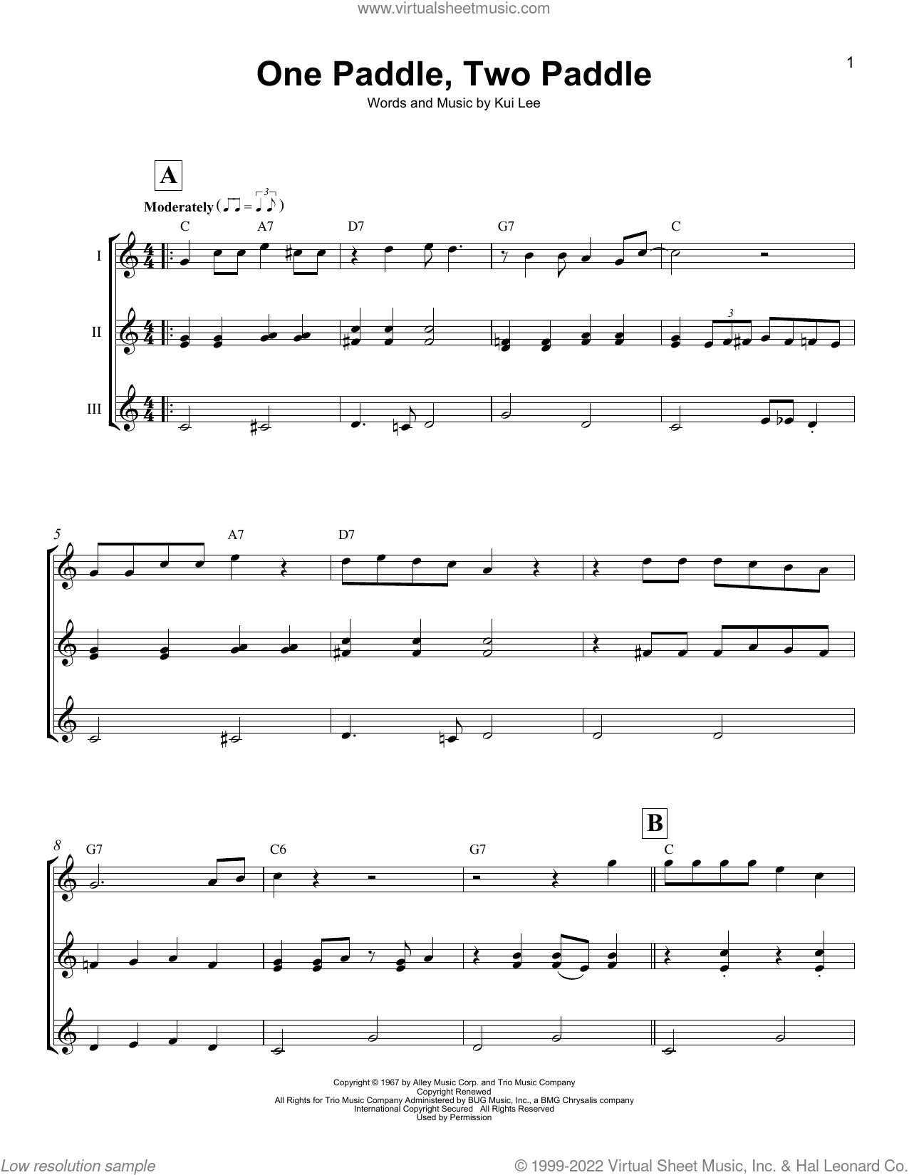 One Paddle, Two Paddle sheet music for ukulele ensemble (PDF)