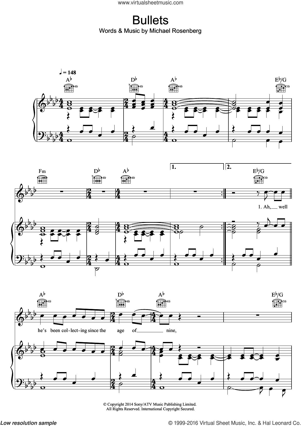 Bullets sheet music for voice, piano or guitar (PDF-interactive)