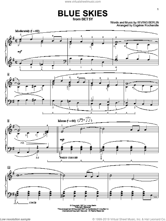 Blue Skies, (intermediate) sheet music for piano solo (PDF)