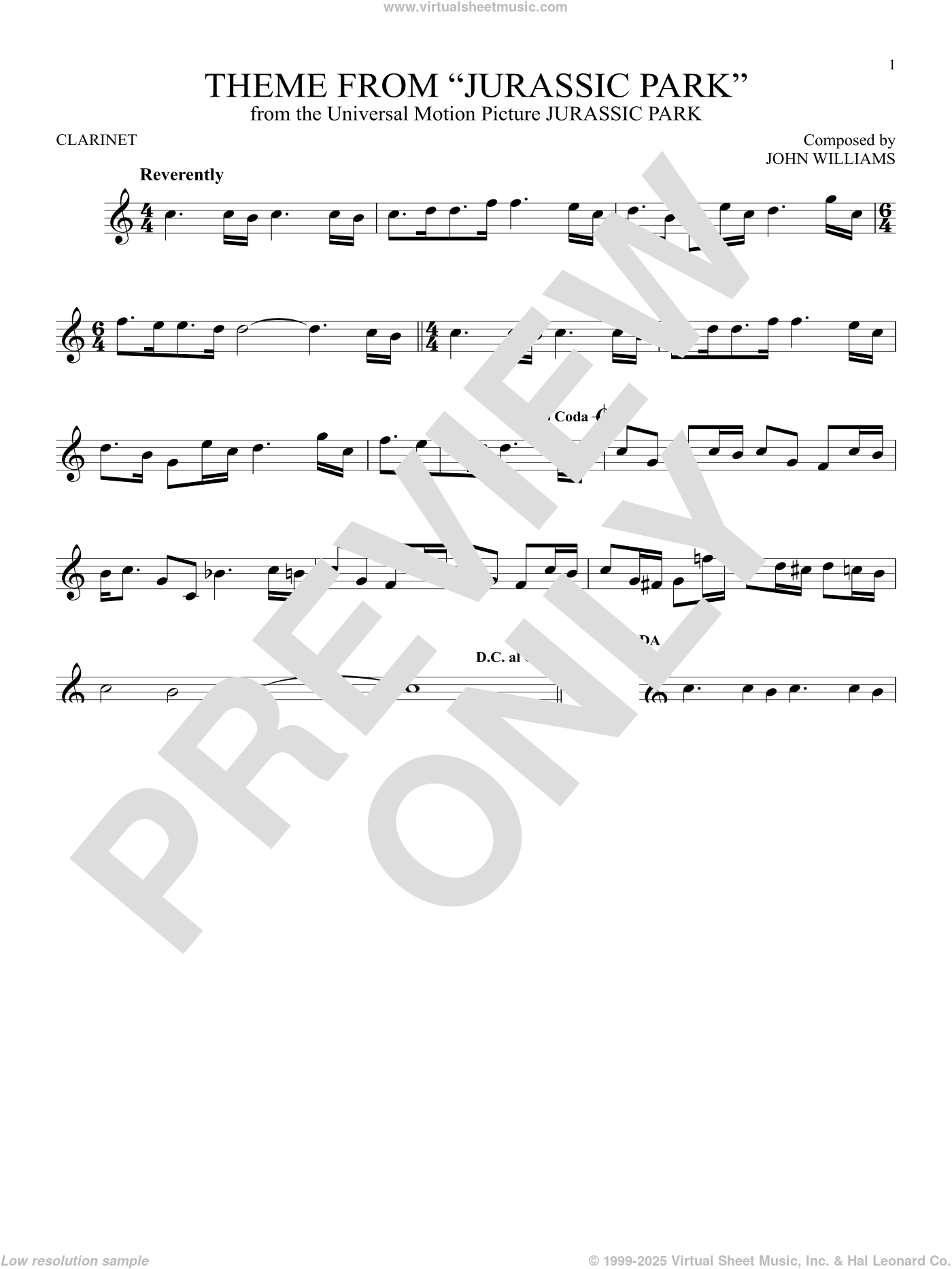 Theme From Jurassic Park sheet music for clarinet solo (PDF)