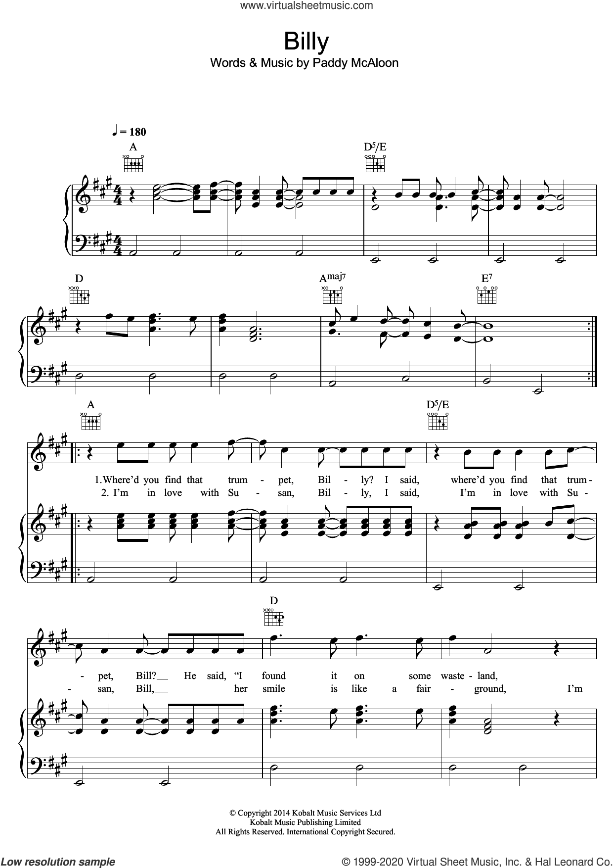 Prefab Sprout: Billy sheet music for voice, piano or guitar (PDF)