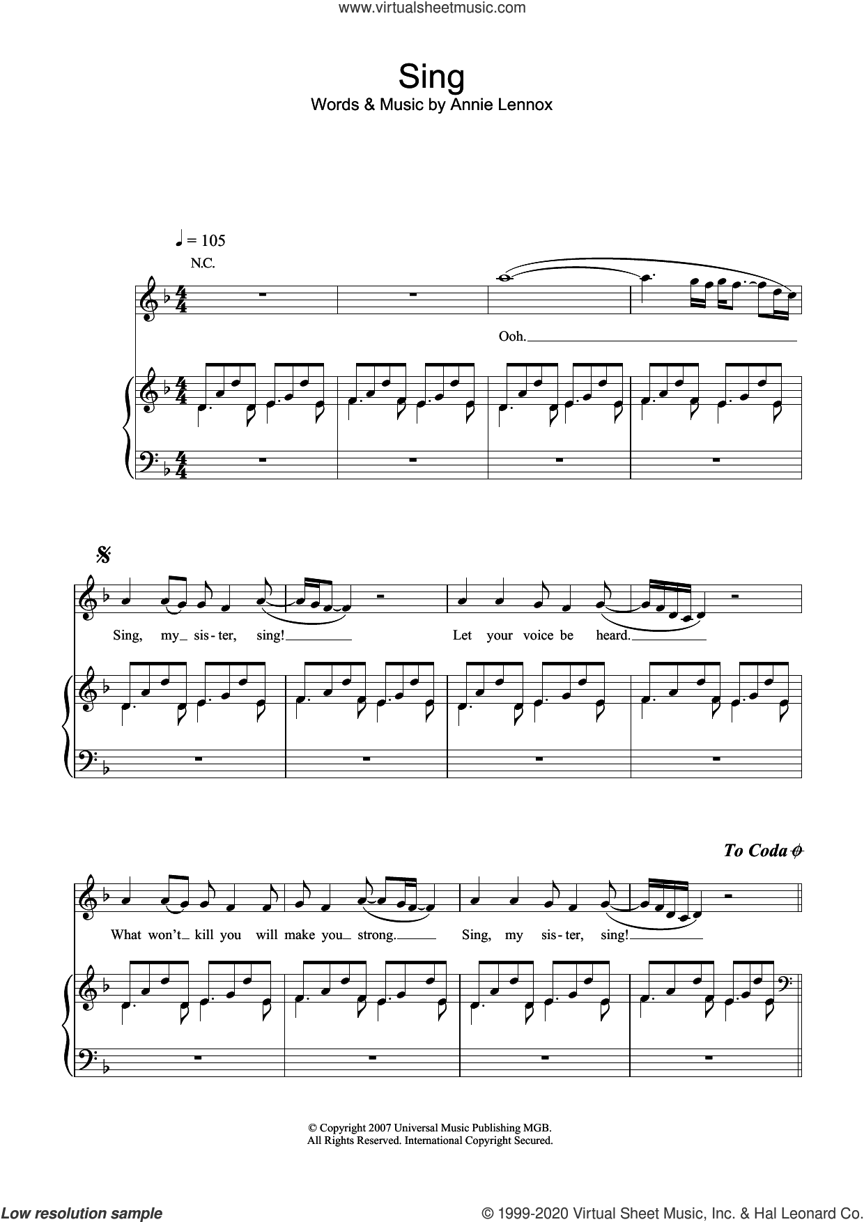 Annie Lennox: Sing sheet music for voice, piano or guitar (PDF)